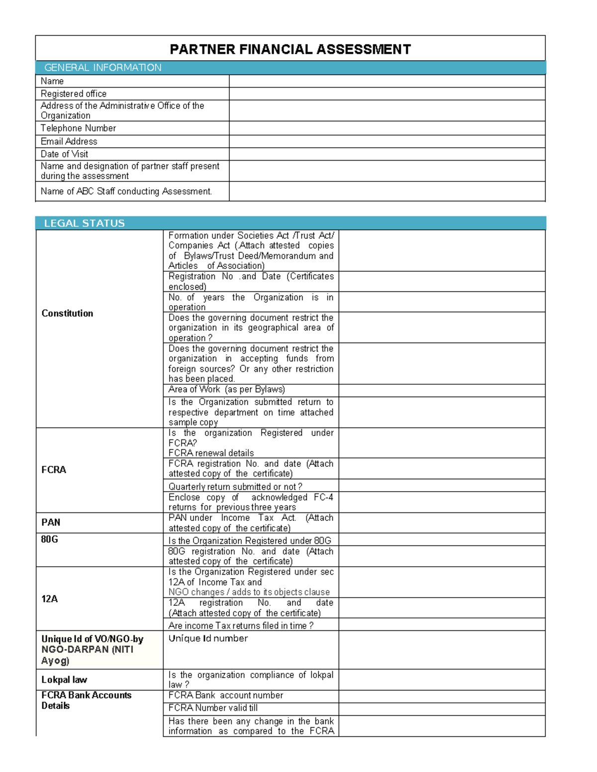 Financial Assesment - PARTNER FINANCIAL ASSESSMENT GENERAL INFORMATION ...