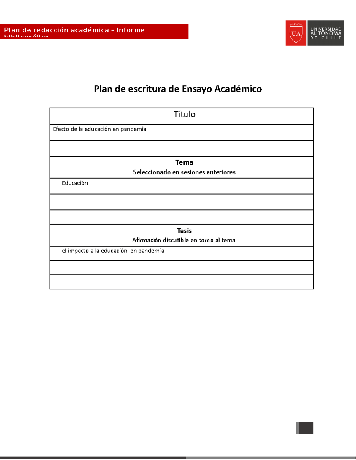 Plan de escritura de Ensayo Académico - Plan de escritura de Ensayo ...