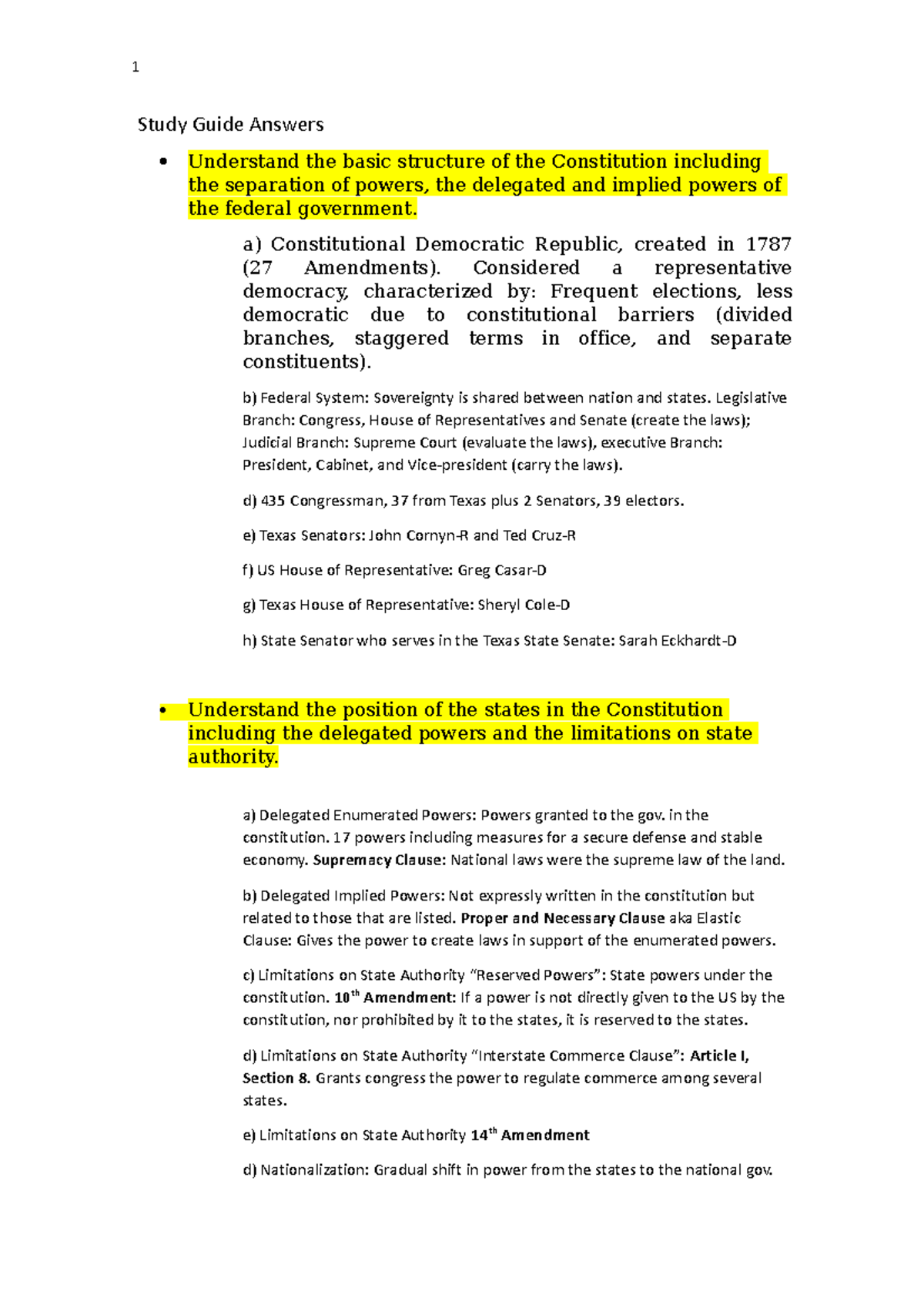 Study Guide Answers - a) Constitutional Democratic Republic, created in ...