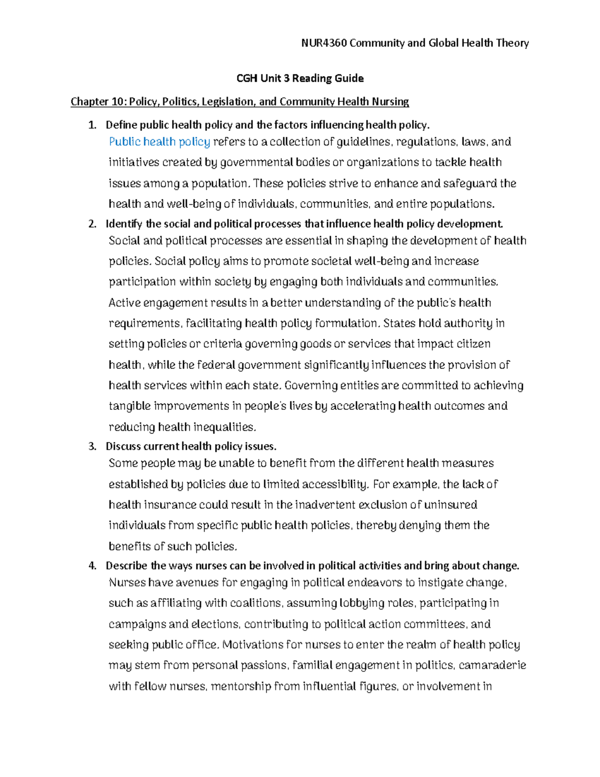 CGH week 7 study guide - CGH Unit 3 Reading Guide Chapter 10: Policy ...