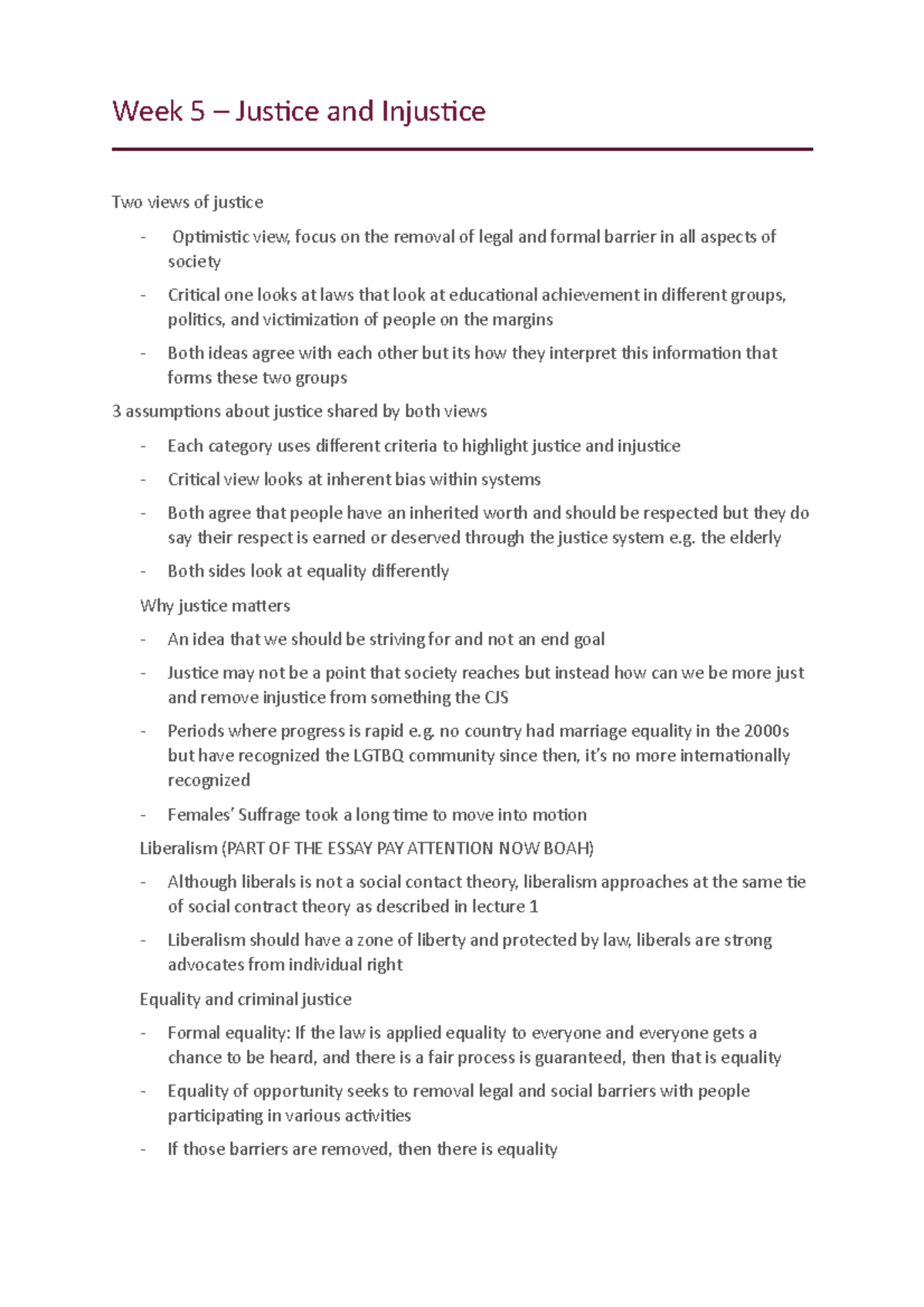 Week 5 - Justice and Injustice - Week 5 – Justice and Injustice Two ...