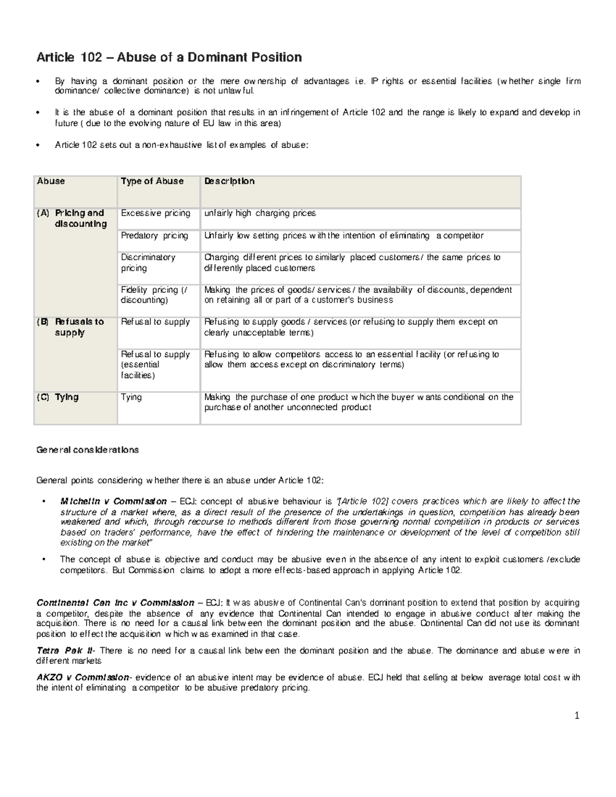 Chapter 6 - Article 102 - Abuse of a Dominant Position sample - 1 ...