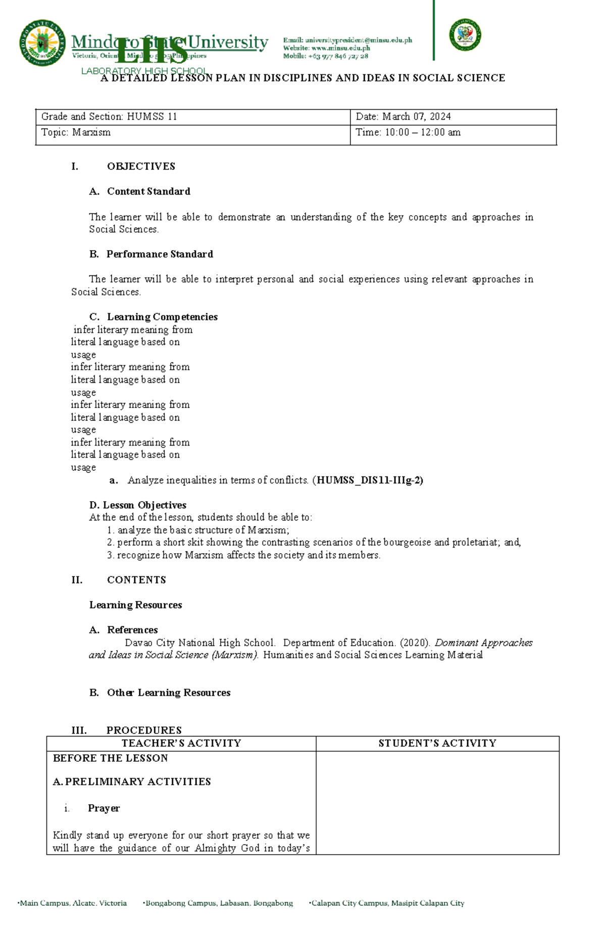 DISS- Marxism - LABORATORY HIGH SCHOOL A DETAILED LESSON PLAN IN ...