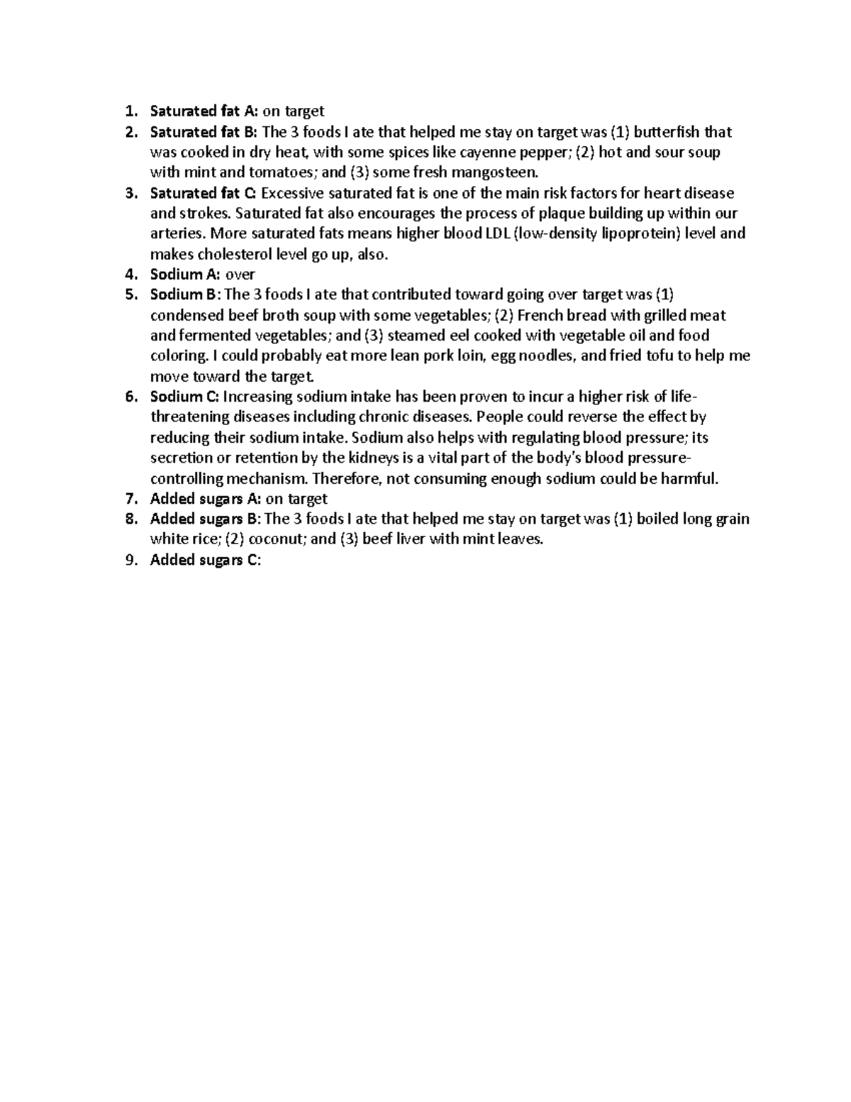 Part 2 Answers - Saturated fat A: on target Saturated fat B: The 3 ...