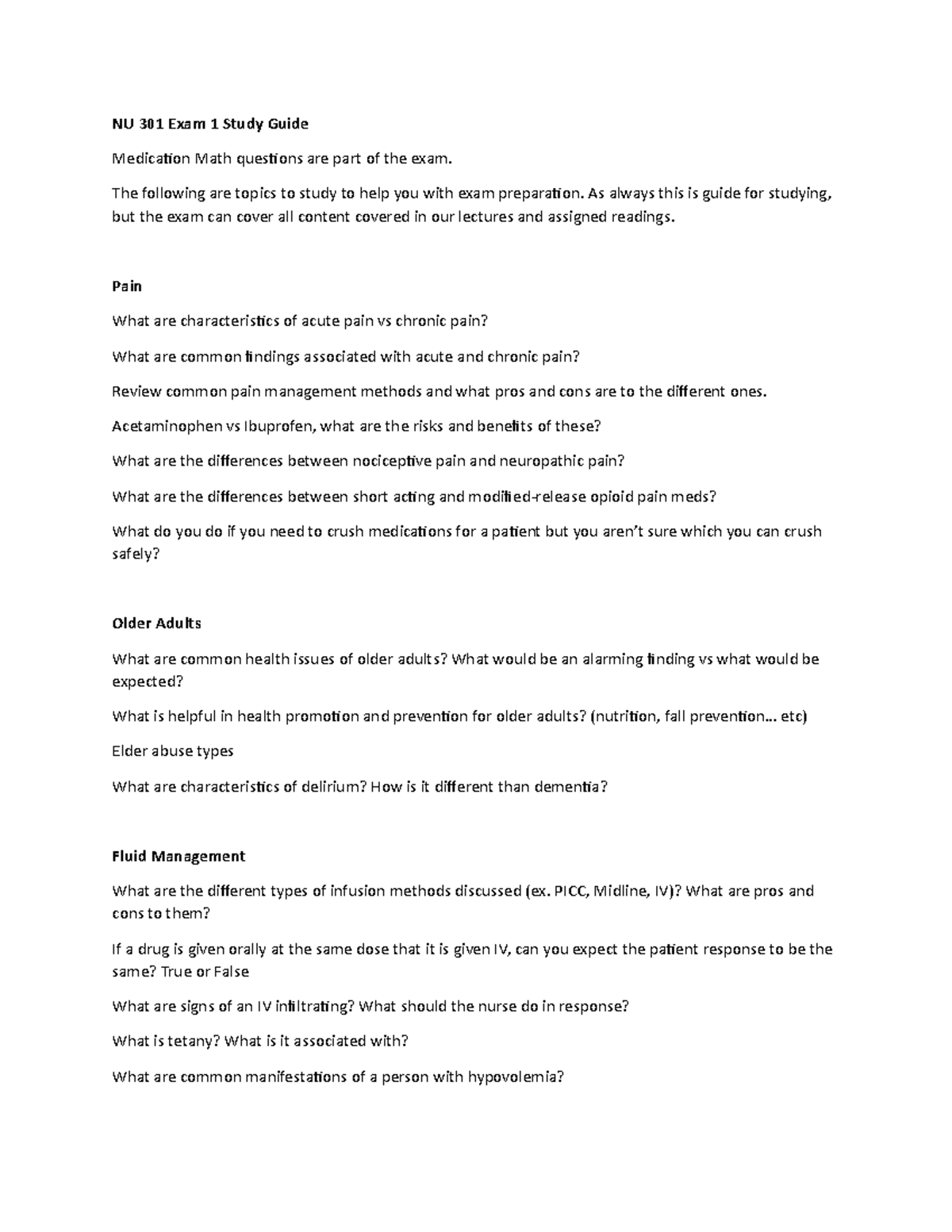 Exam 1 Studyguide - Adult 2 exam 1 blueprint - NU 301 Exam 1 Study ...