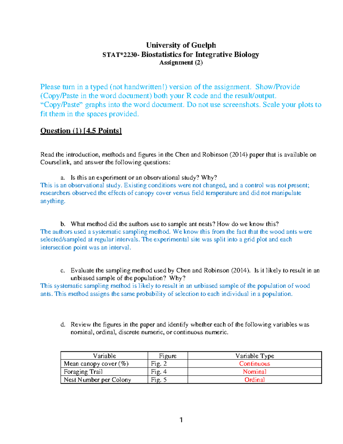 STAT 2230 assignment 2 - University of Guelph STAT*2230- Biostatistics for Integrative Biology ...