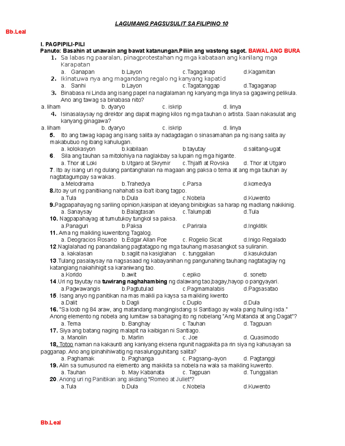 LONG TEST - exam - I. PAGPIPILI-PILI Panuto: Basahin at unawain ang ...