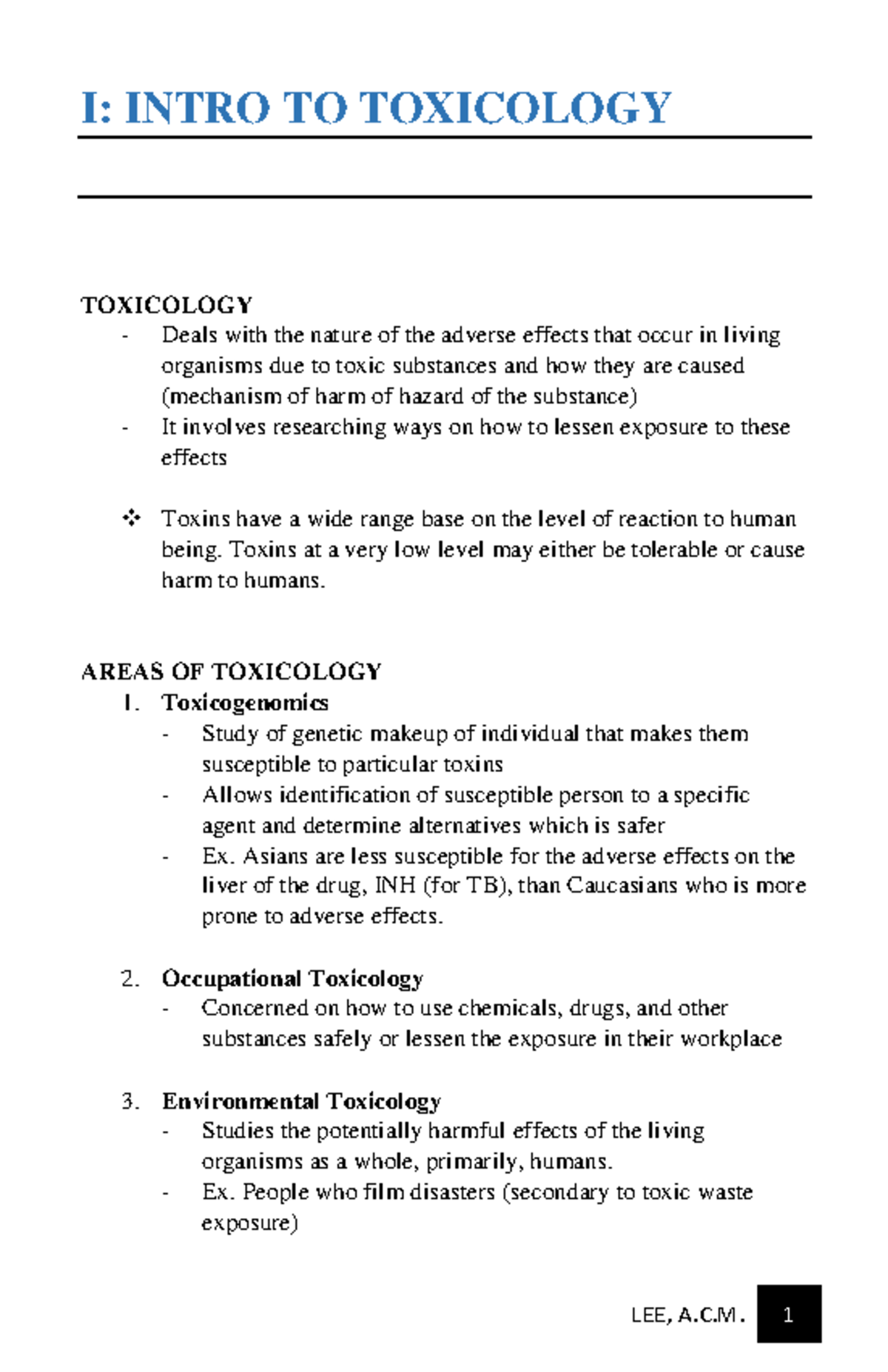 1-3 CC3 - summaries - I: INTRO TO TOXICOLOGY TOXICOLOGY Deals with the ...