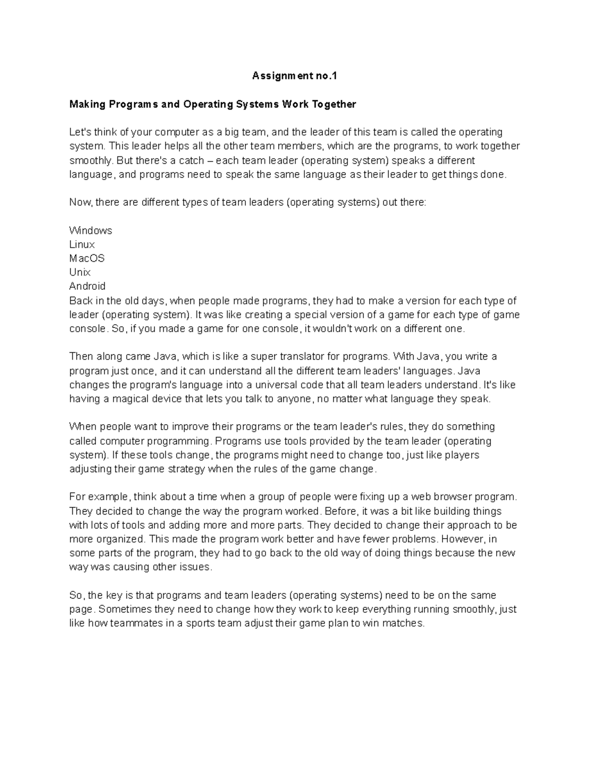 TBW Assignment 1 - Assignment no. Making Programs and Operating Systems Work Together Let's ...