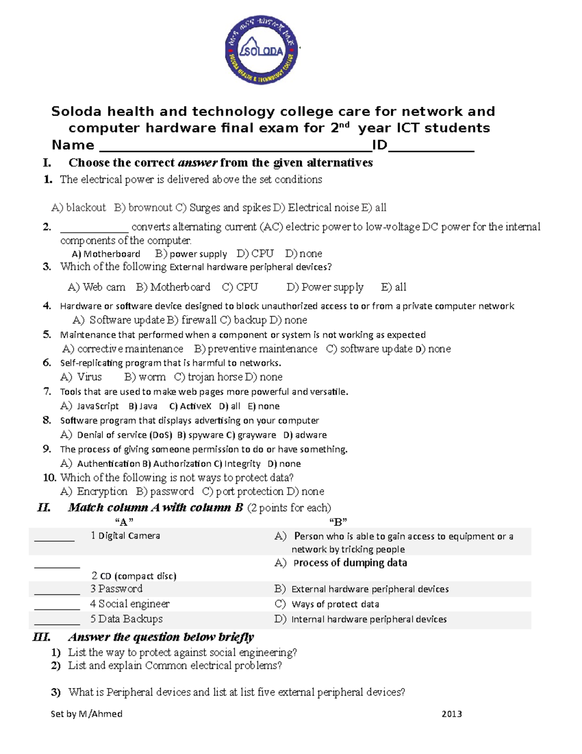 CARE Final EXAM - exam - Soloda health and technology college care for ...