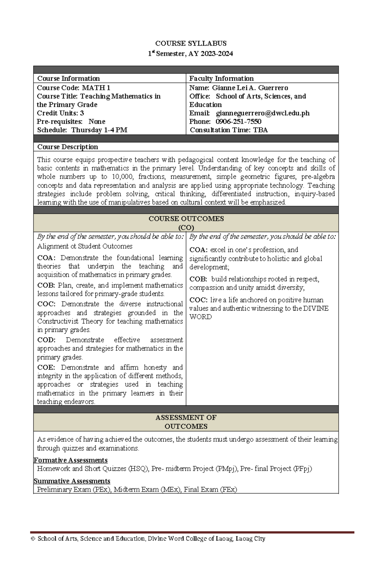 MATH 1 Teaching Math in the Primary Grades Syllabus - COURSE SYLLABUS 1 ...