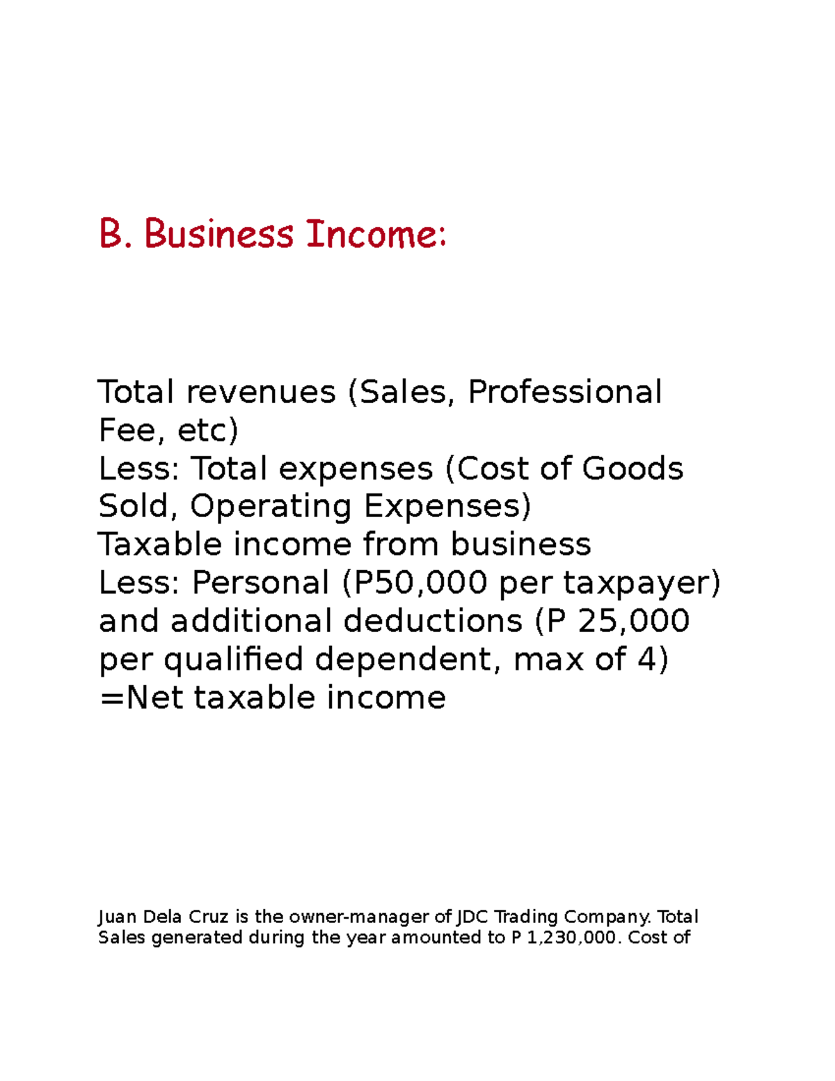 TAX for Business Income ( Additional Materials) -docs - B. Business ...