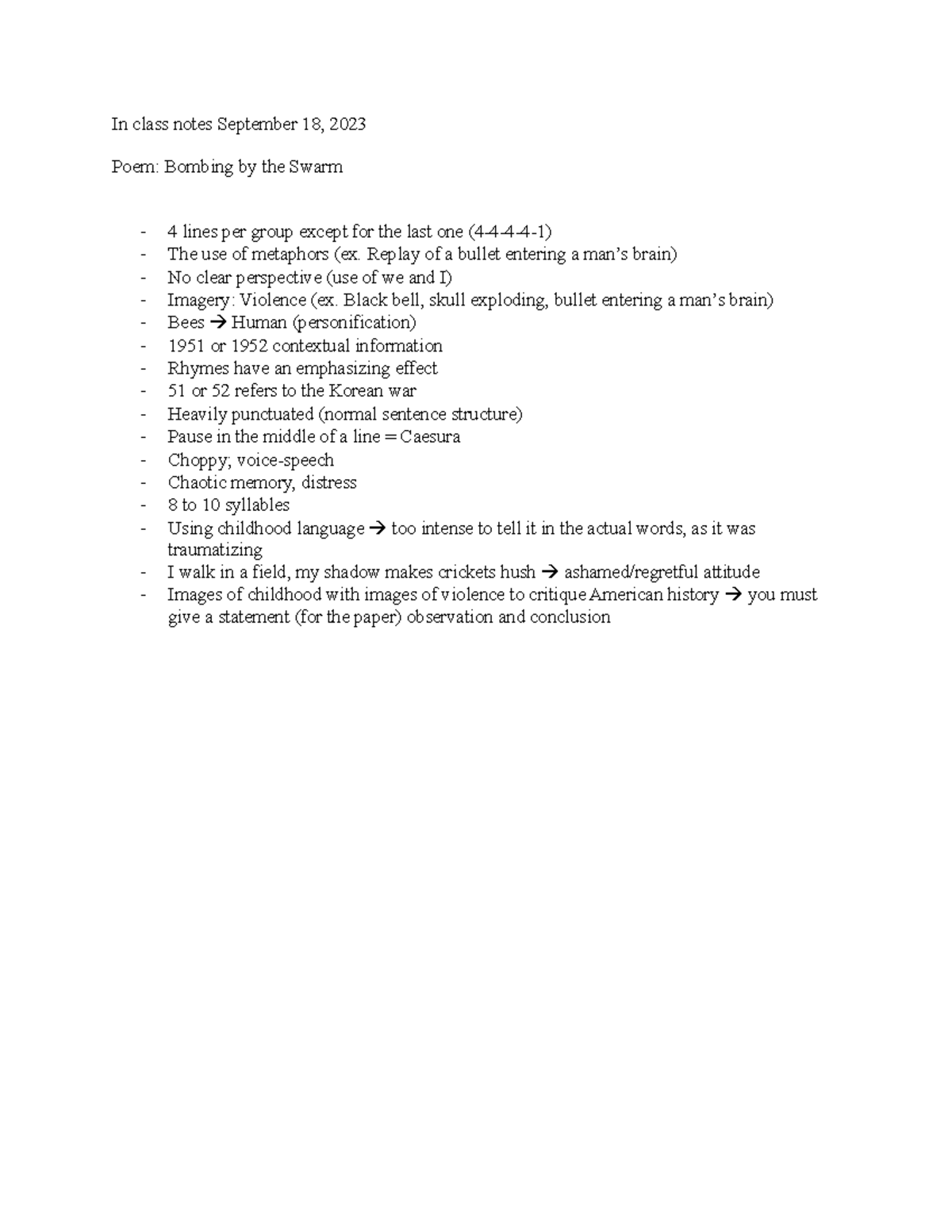 In class notes September 18 - ENGL-1200 - In class notes September 18 ...