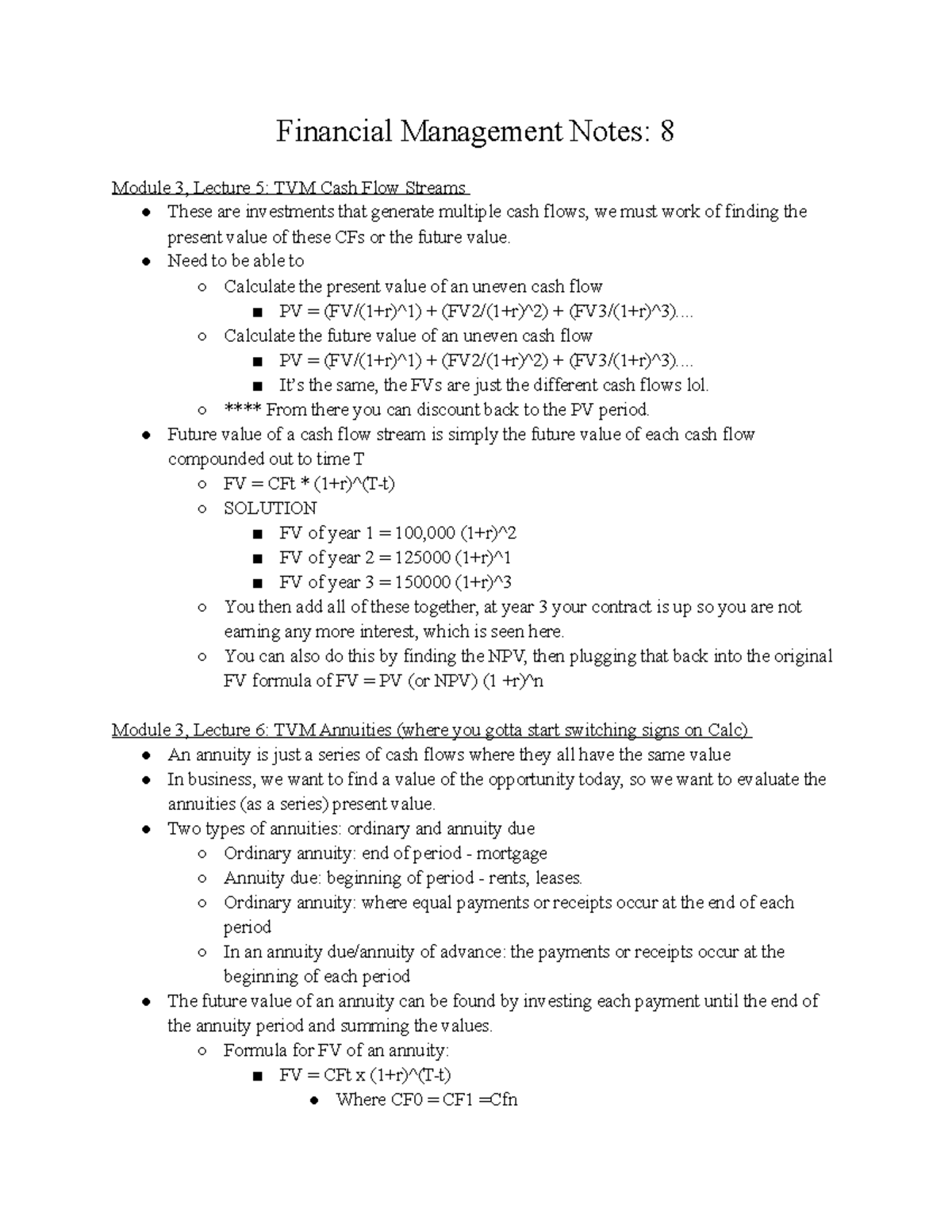 FINA3000 - Notes 8 - Financial Management Notes: 8 Module 3, Lecture 5 ...