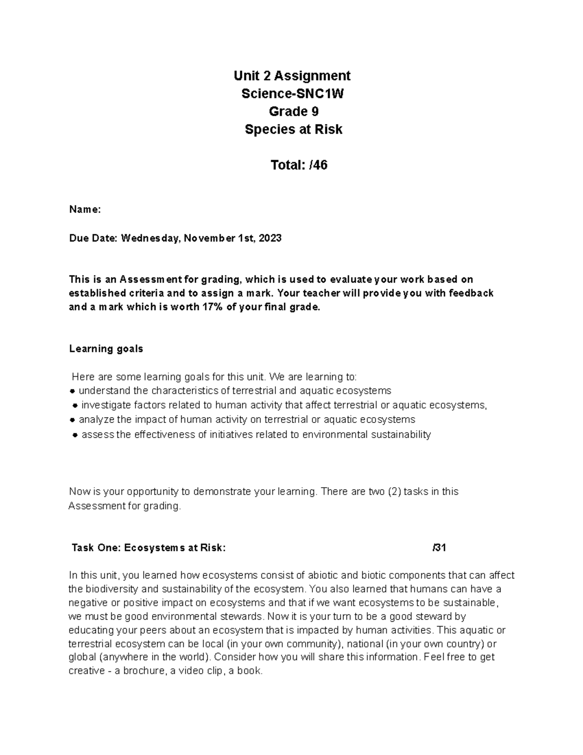 Science 9-Unit 2 Assignment - Unit 2 Assignment Science-SNC1W Grade 9 ...