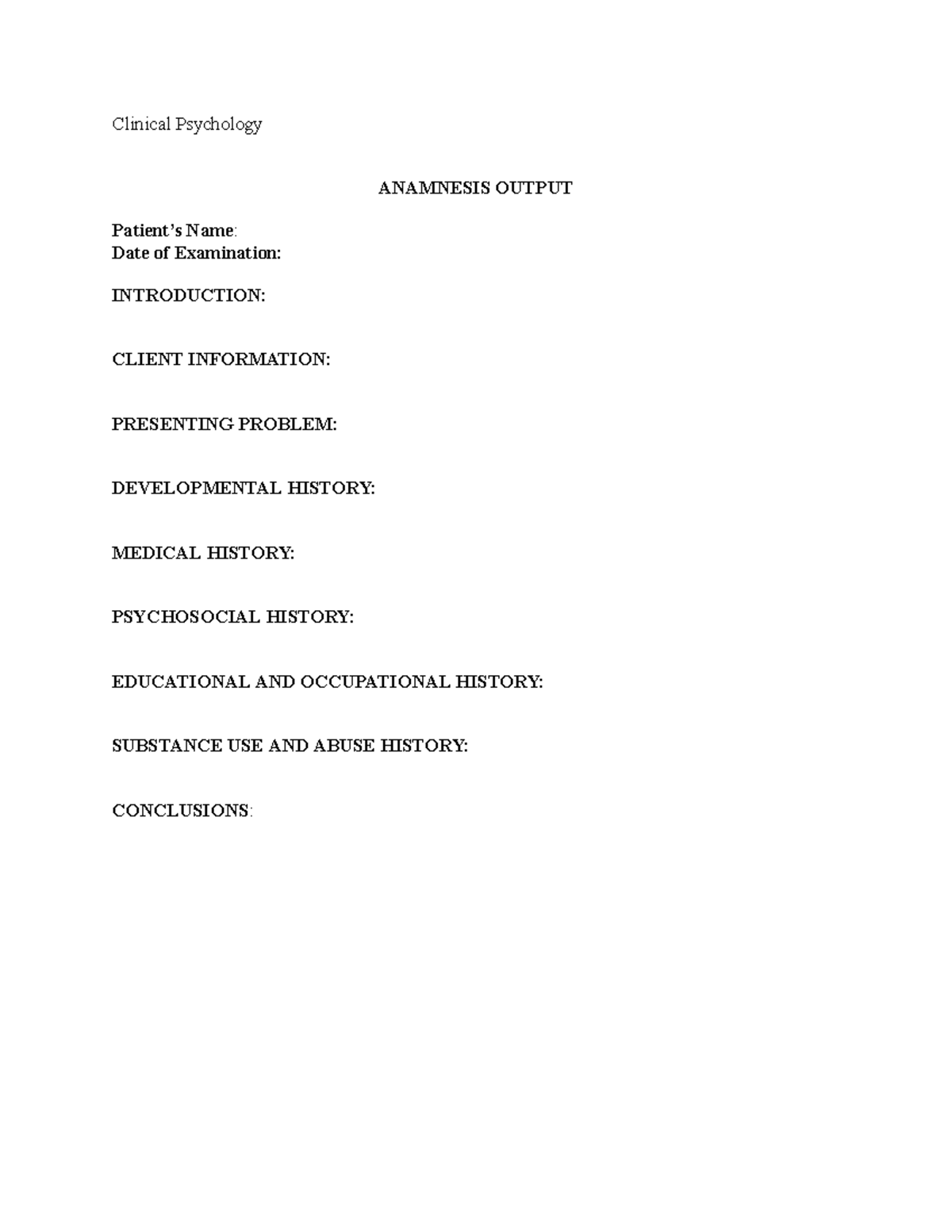 Anamnesis Output - Bachelor of Science in Psychology - Clinical ...