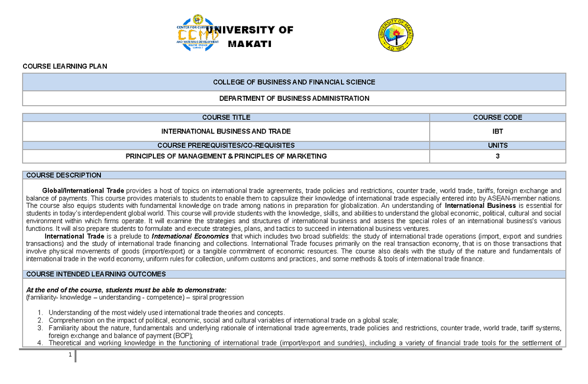IBT CLP-International Business and Trade - MAKATI COURSE LEARNING PLAN ...