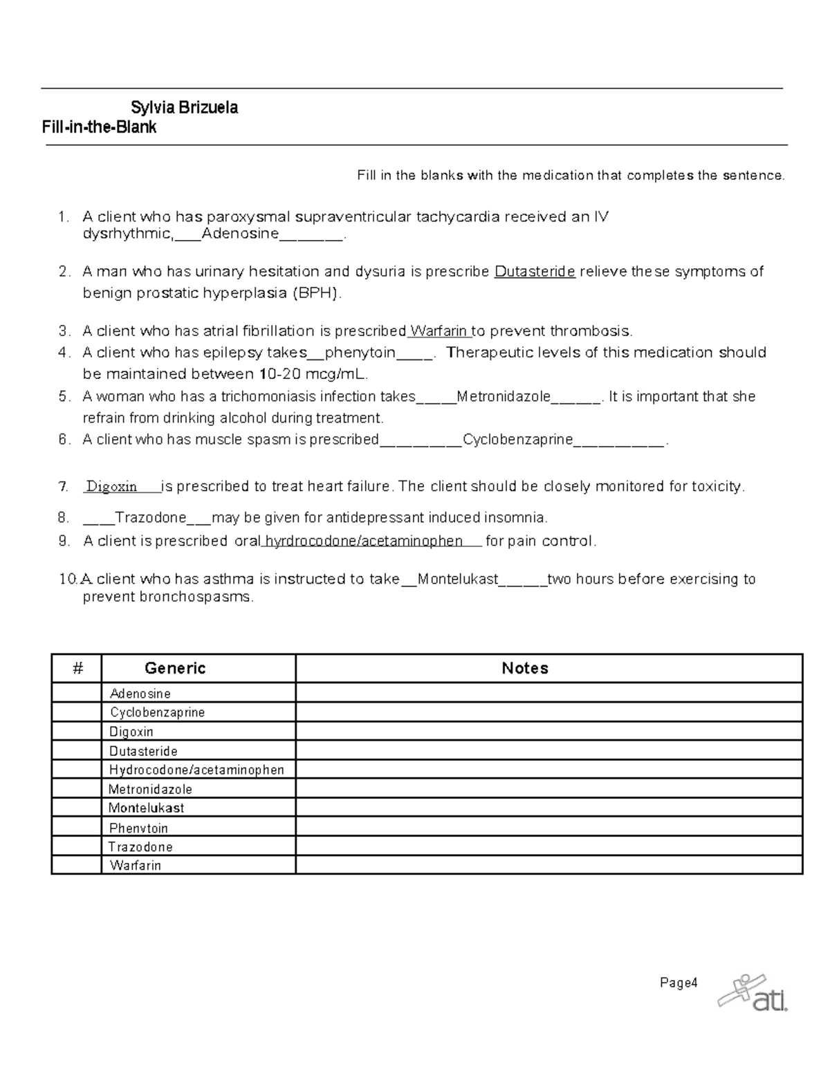 Pharmacology Worksheet - Sylvia Brizuela Fill-in-the-Blank Fill in the ...