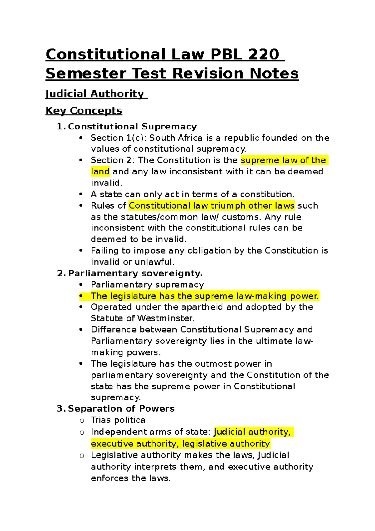 Constitutional Law PBL 220 Semester Test Revision Notes - Section 2 ...