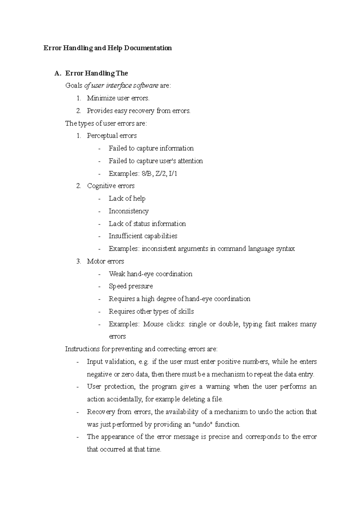 Error Handling And Help Documentation Error Handling The Goals Of