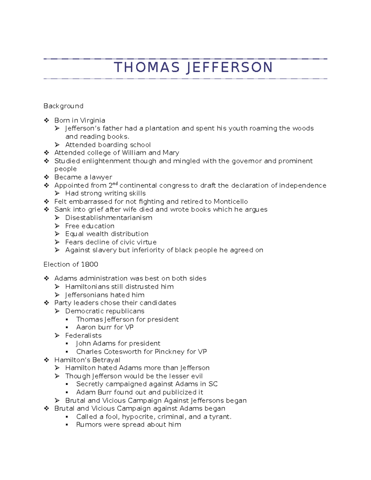 Thomas Jefferson Notes - T H O M A S J E F F E R S O N Background Born ...