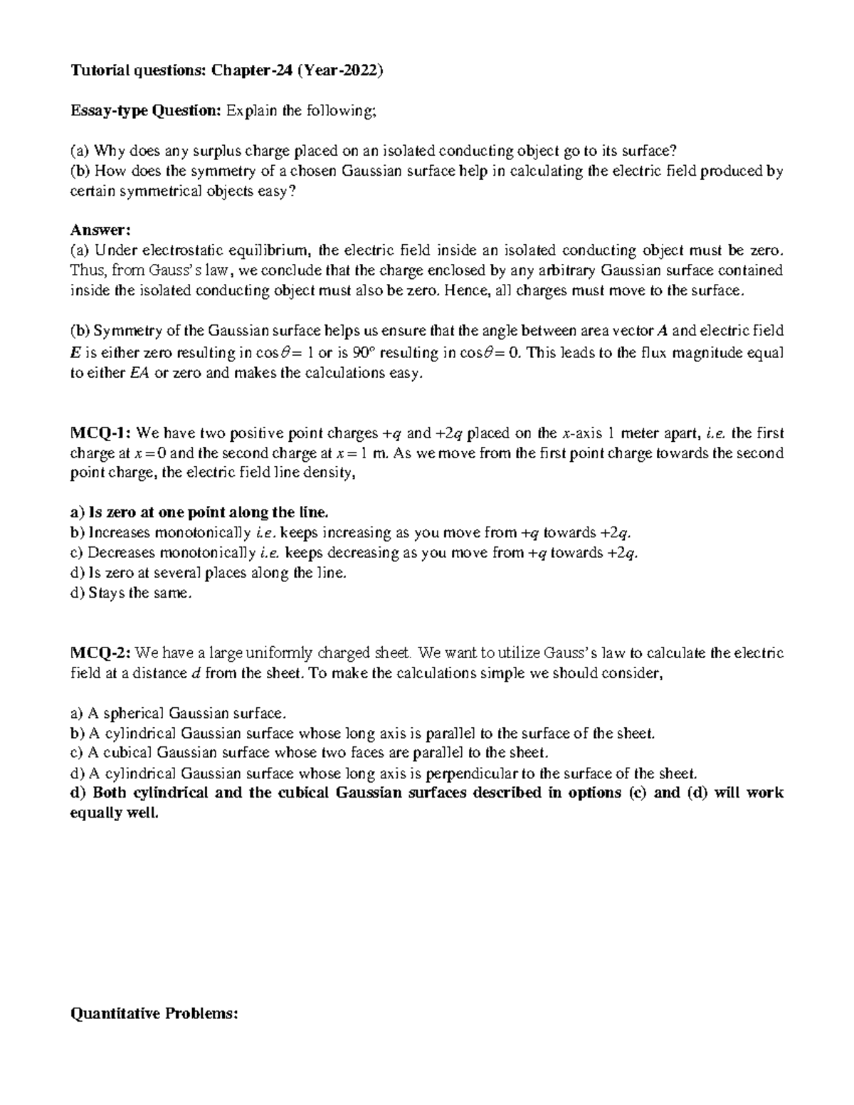 Ch24 solutions - CHAPTER 24 - Tutorial questions: Chapter-24 (Year-2022 ...