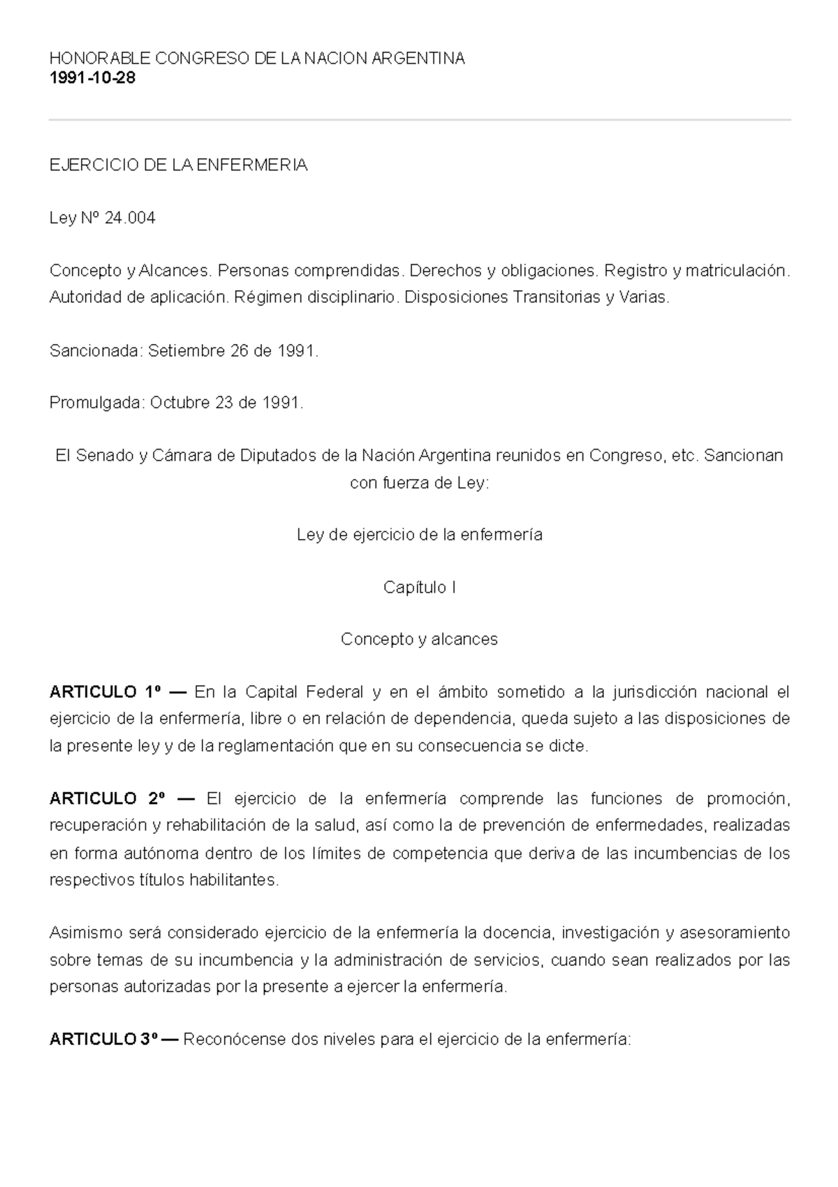 LEY Nº 24004 - Nacional - EJERCICIO DE LA ENFERMERIA Ley Nº 24.004 ...