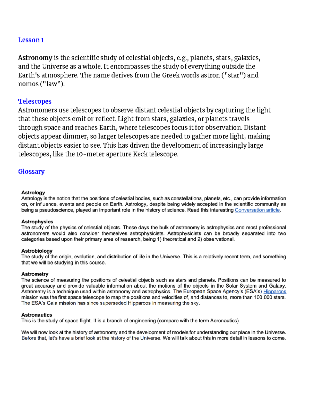 Astronomy WK1 - Lecture notes on lesson 1 content - Lesson 1 Astronomy ...