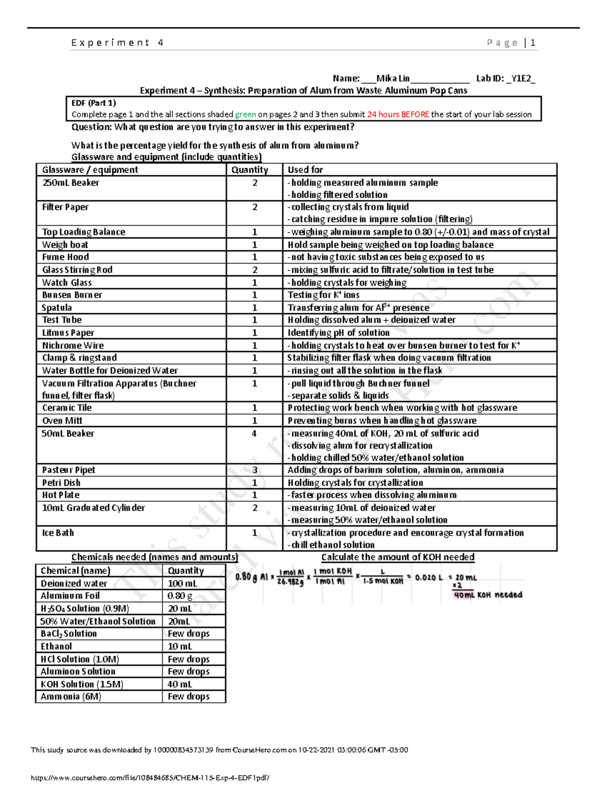 CHEM 115 Exp 4 EDF1 - experiment 4 answer - Name: Mika Lin_________ Lab ...