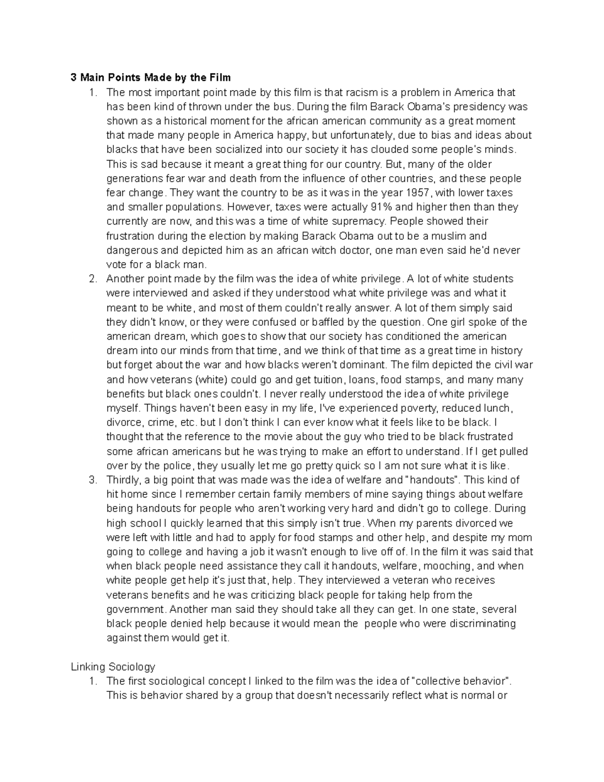 Film Discussion "White Like Me"-2 - 3 Main Points Made by the Film 1 ...