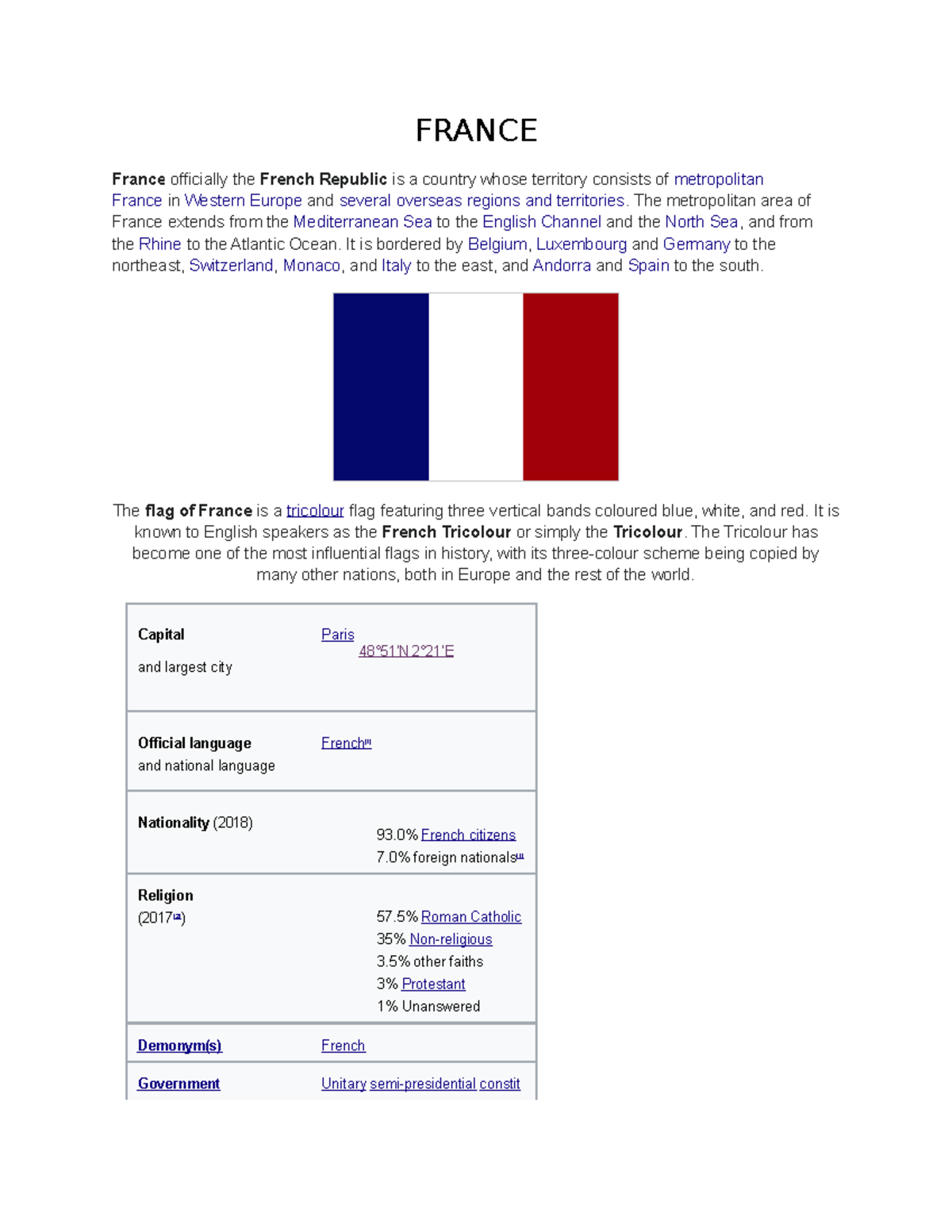 France - Lecture - FRANCE France officially the French Republic is a ...