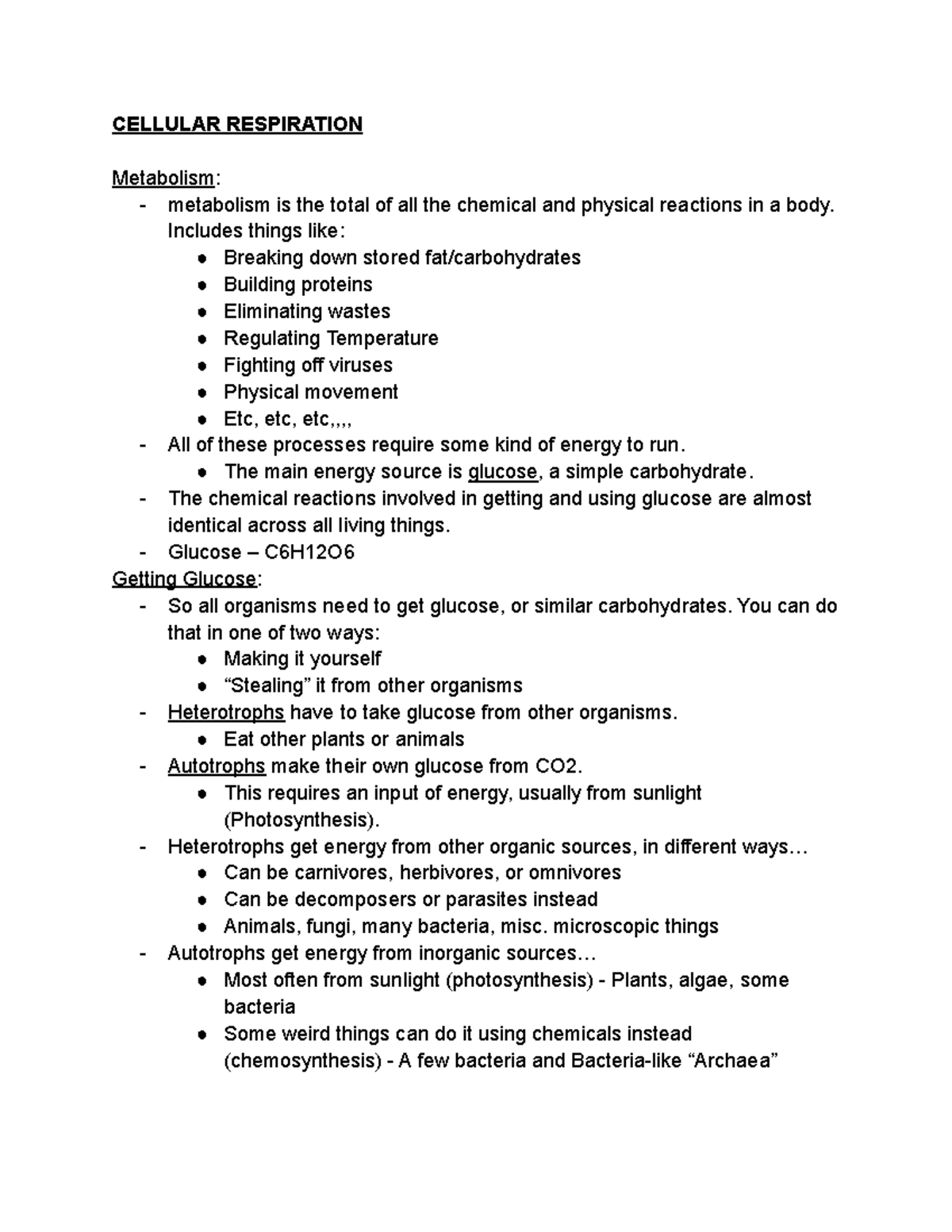 Bio 1 - Cellular Respiration - CELLULAR RESPIRATION Metabolism ...