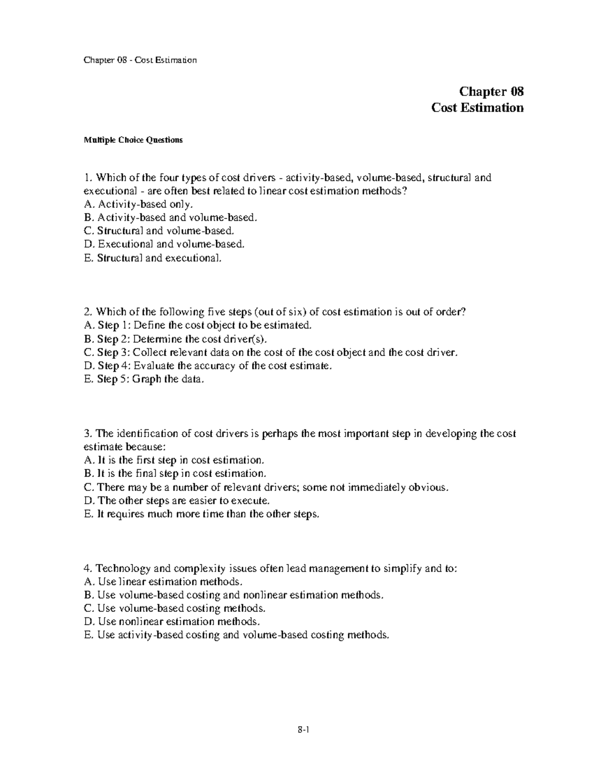 Chapter 8 - hgdc - Chapter 08 Cost Estimation Multiple Choice Questions ...