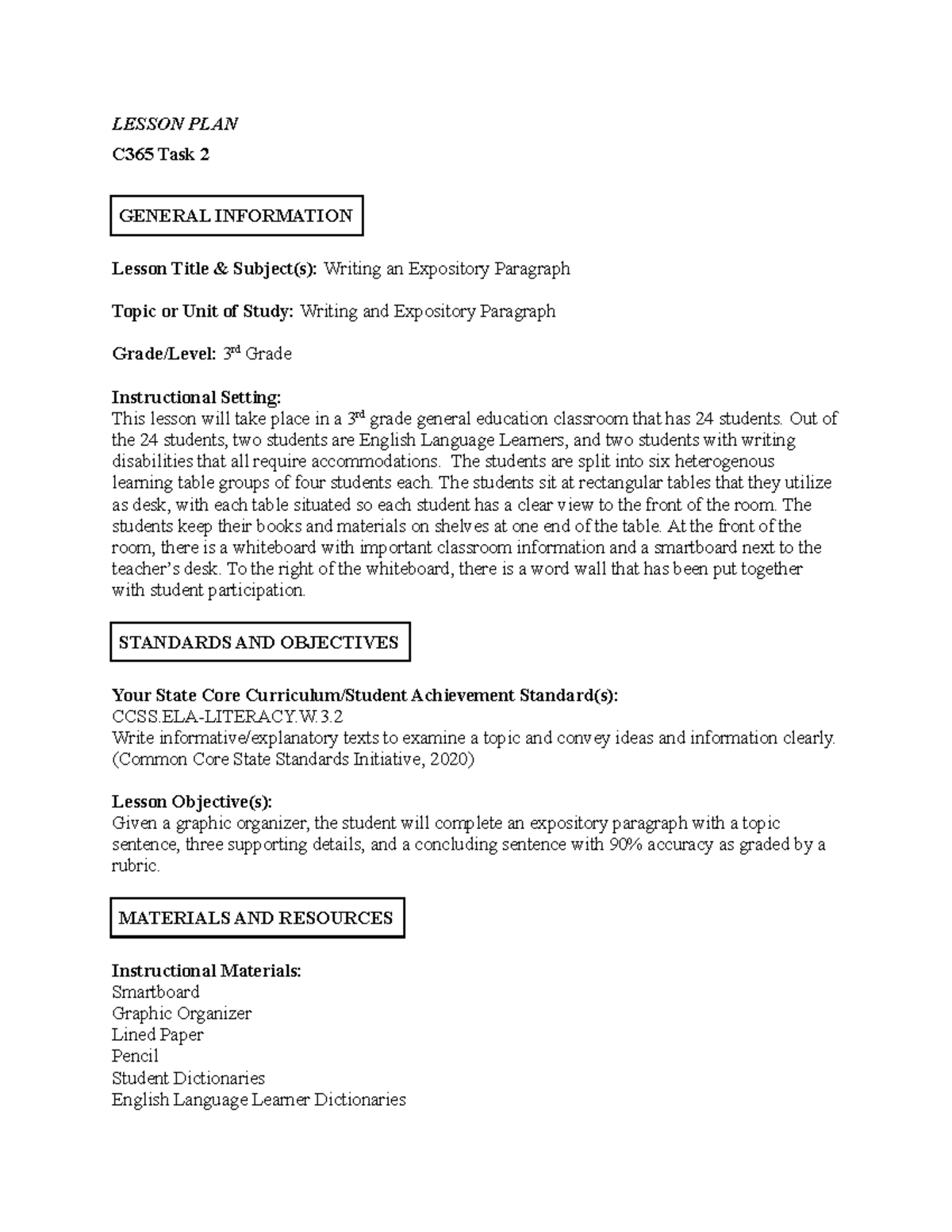 WGU Language Arts Instruction and Intervention C365 Performance Task 2 - LESSON PLAN C365 Task 2 ...