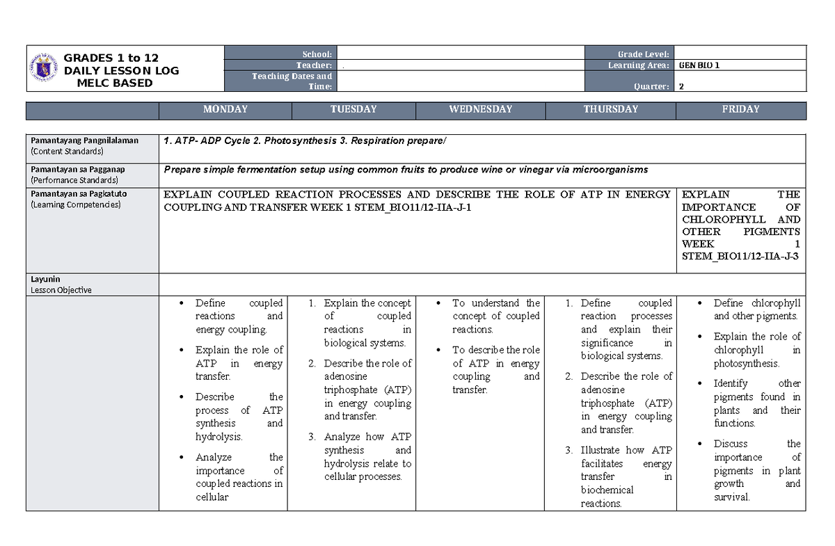 GEN BIO 1 DLL WEEK 1 - DAILY LESSON PLAN - GRADES 1 to 12 DAILY LESSON ...