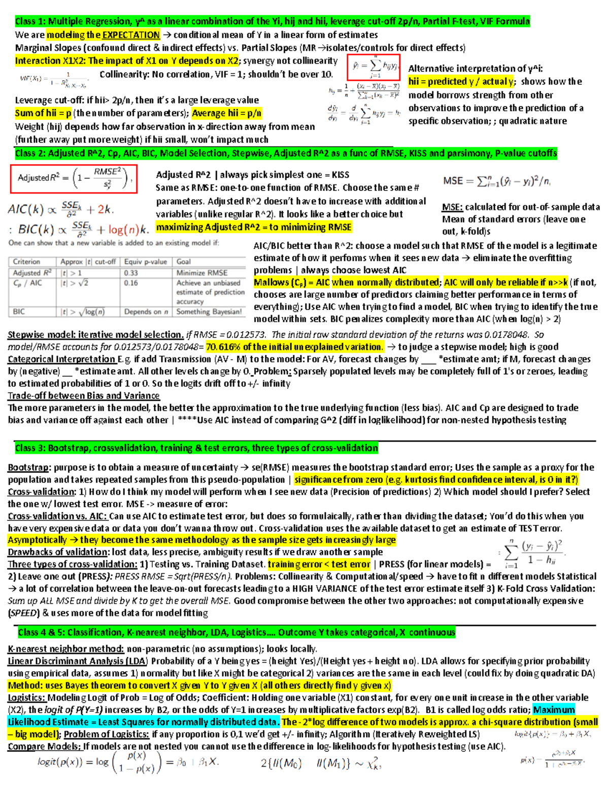 Vfinal STAT422 Cheat Sheet - Class 1: Multiple Regression, y^ as a linear combination of the Yi ...