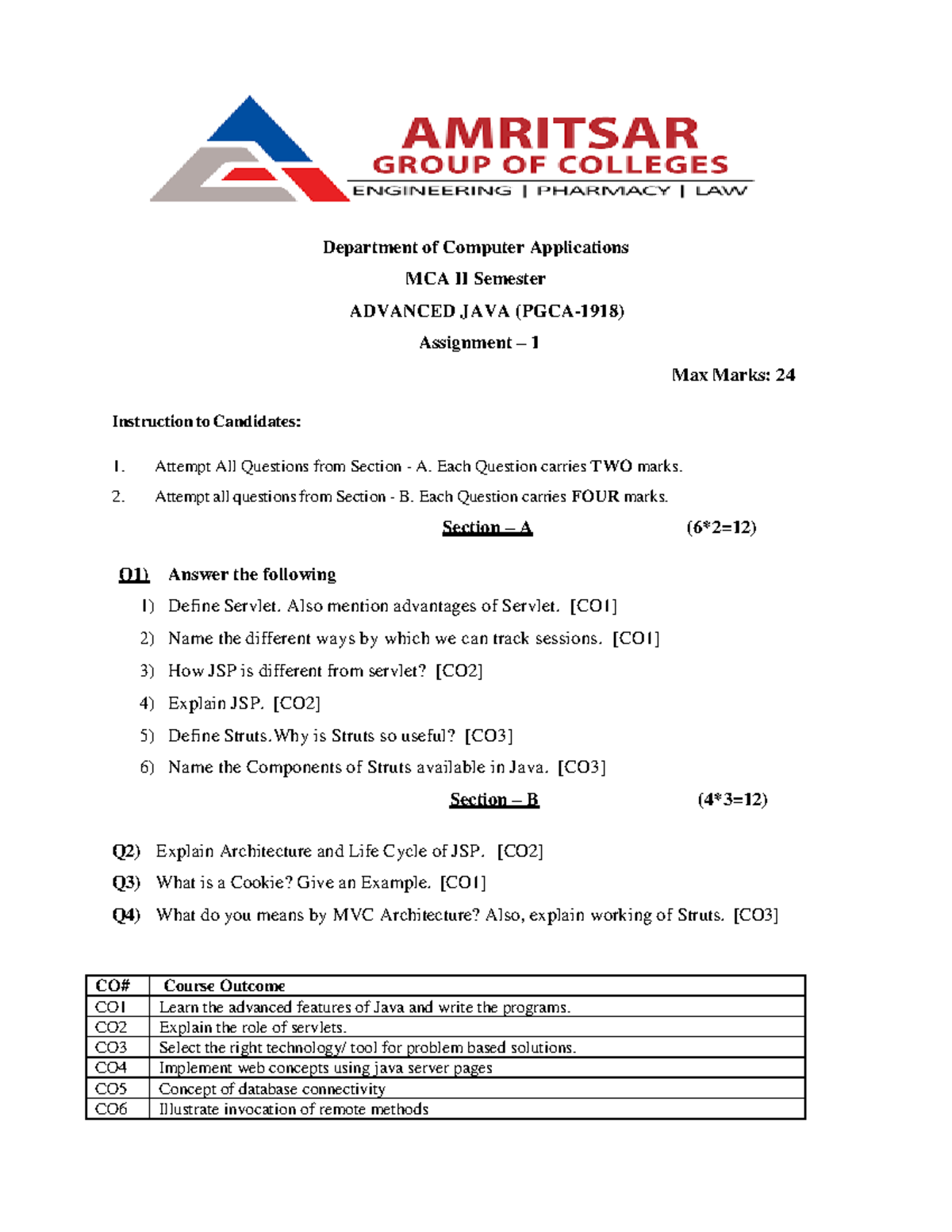 Java Assignment 1 - Department of Computer Applications MCA II Semester ADVANCED JAVA (PGCA-1918 ...