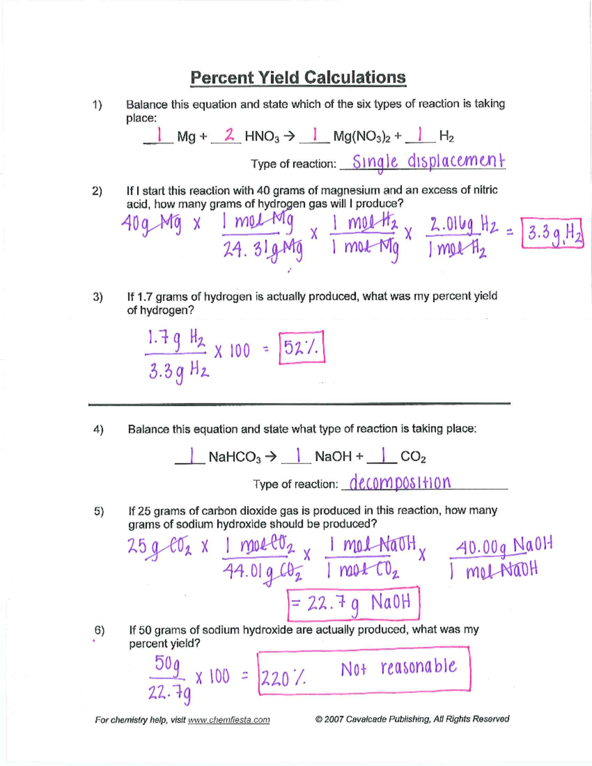 Percent yield worksheet key - Studocu