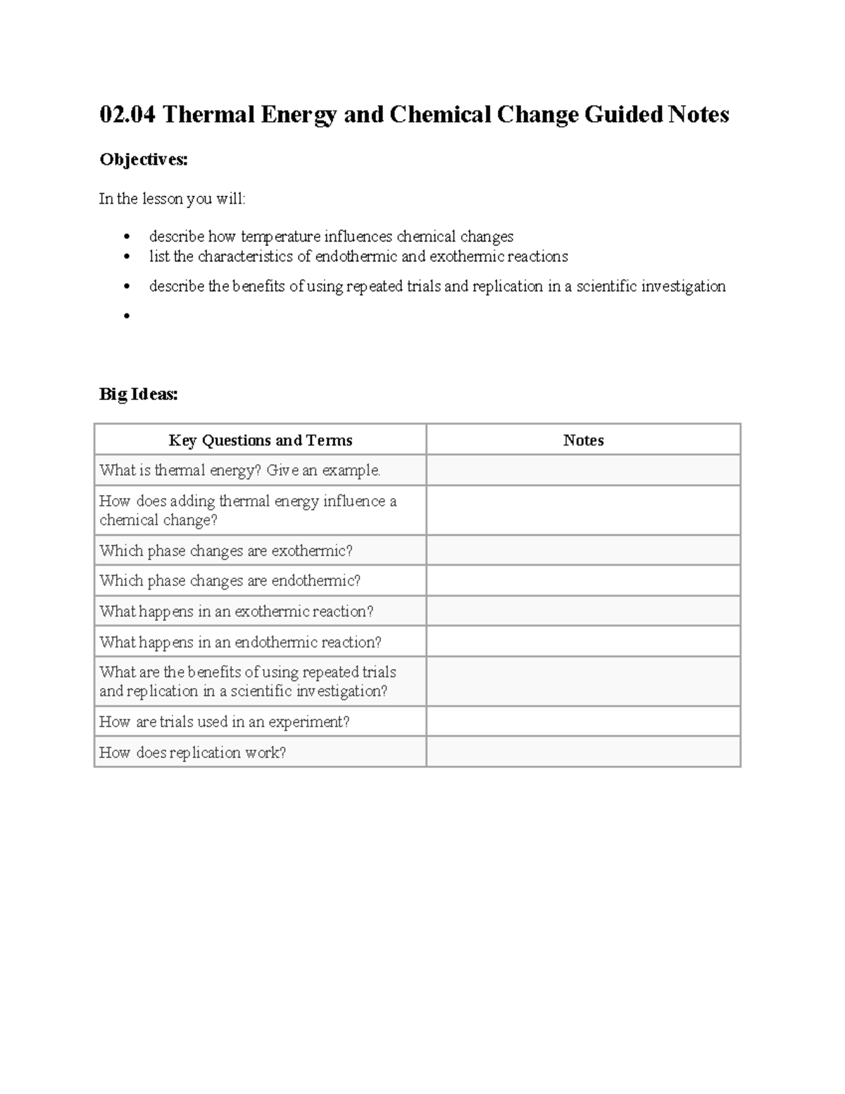 02 04 notes - Science - 02 Thermal Energy and Chemical Change Guided ...