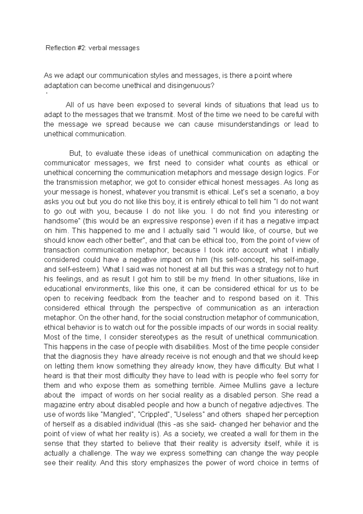 Reflection #2 verbal messages - Reflection #2: verbal messages As we ...