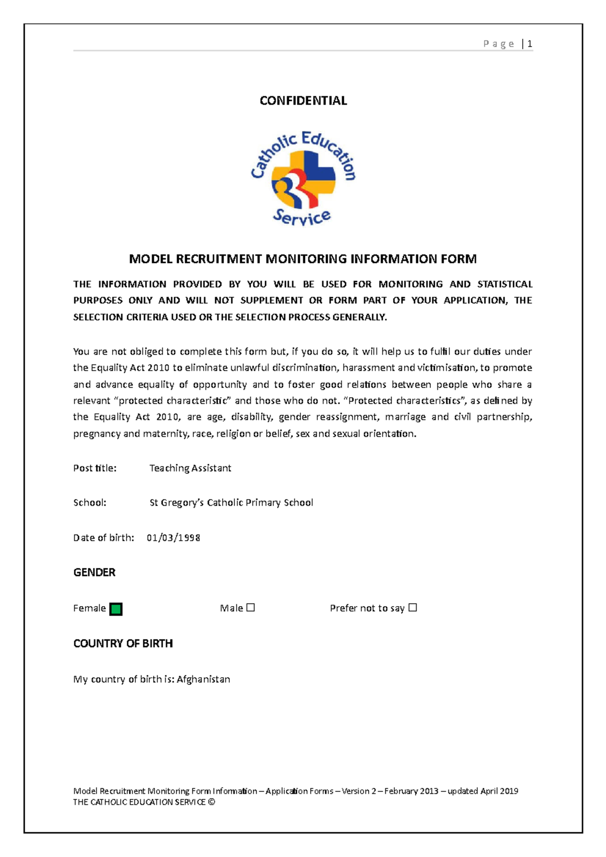 Recruitment Monitoring Form - CONFIDENTIAL MODEL RECRUITMENT MONITORING ...