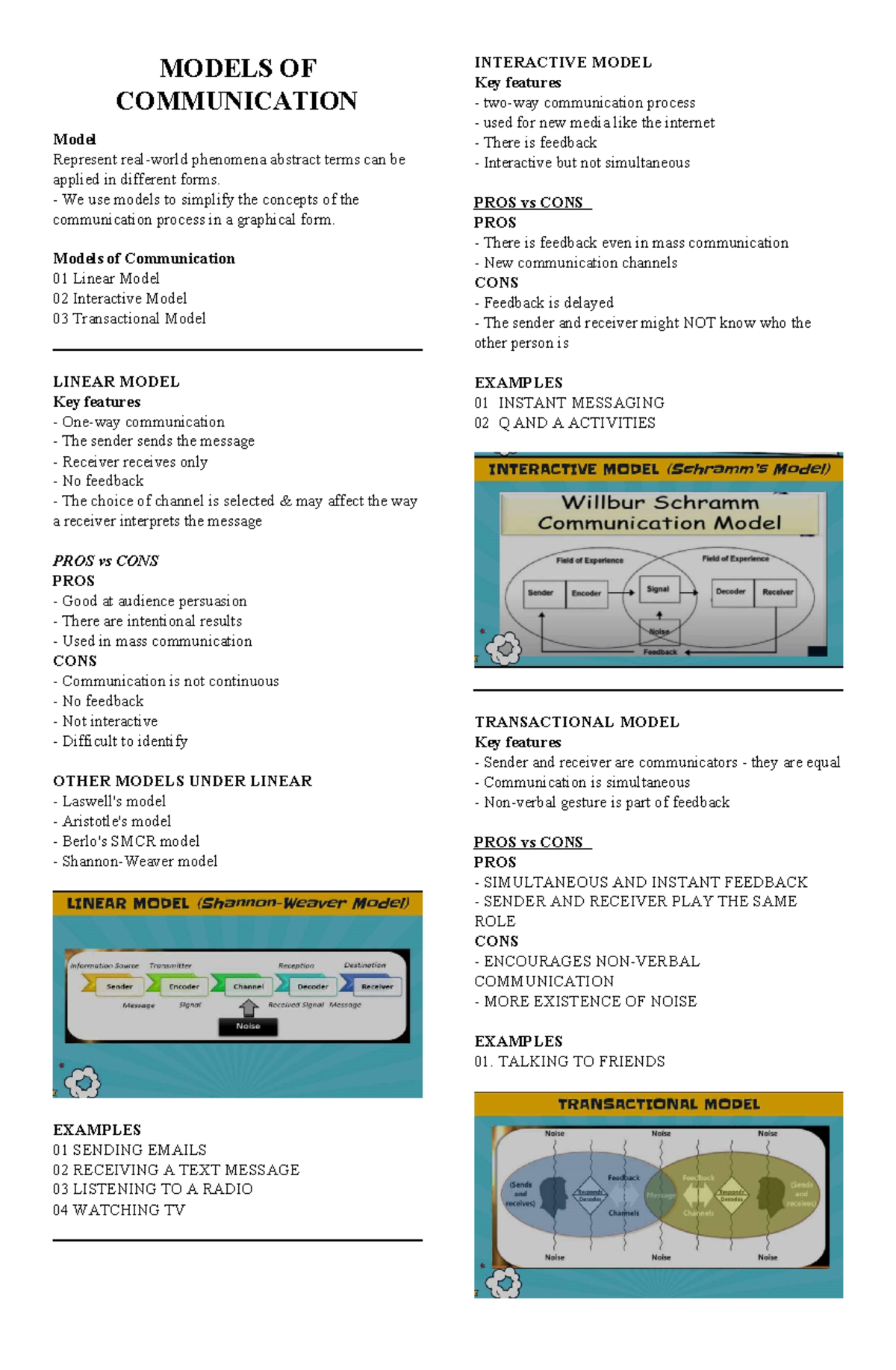 Oral Com Notes - MODELS OF COMMUNICATION Model Represent real-world ...