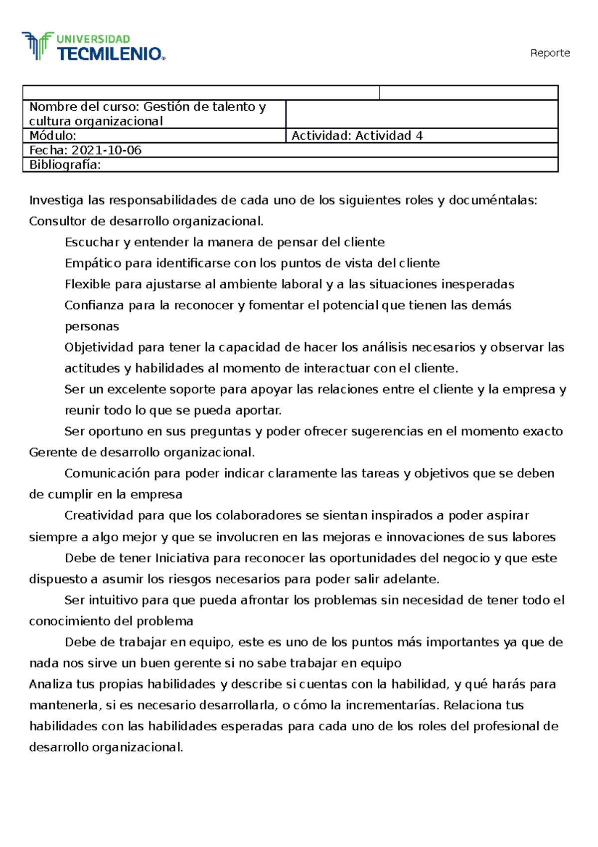 ACtividad 4 - Reporte Nombre del curso: Gestión de talento y cultura ...
