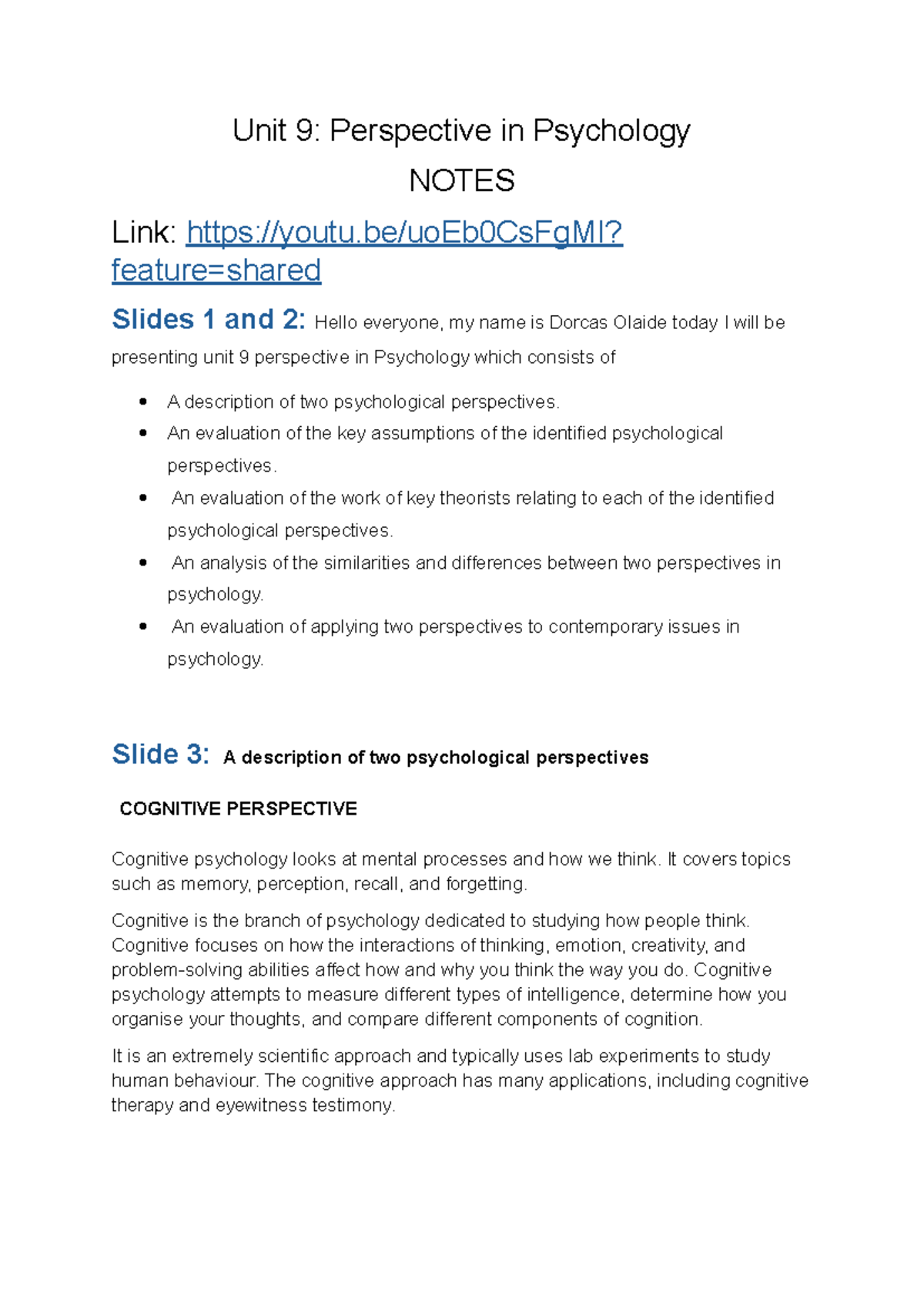 Unit 9 Perspective of Psychology - Unit 9: Perspective in Psychology ...