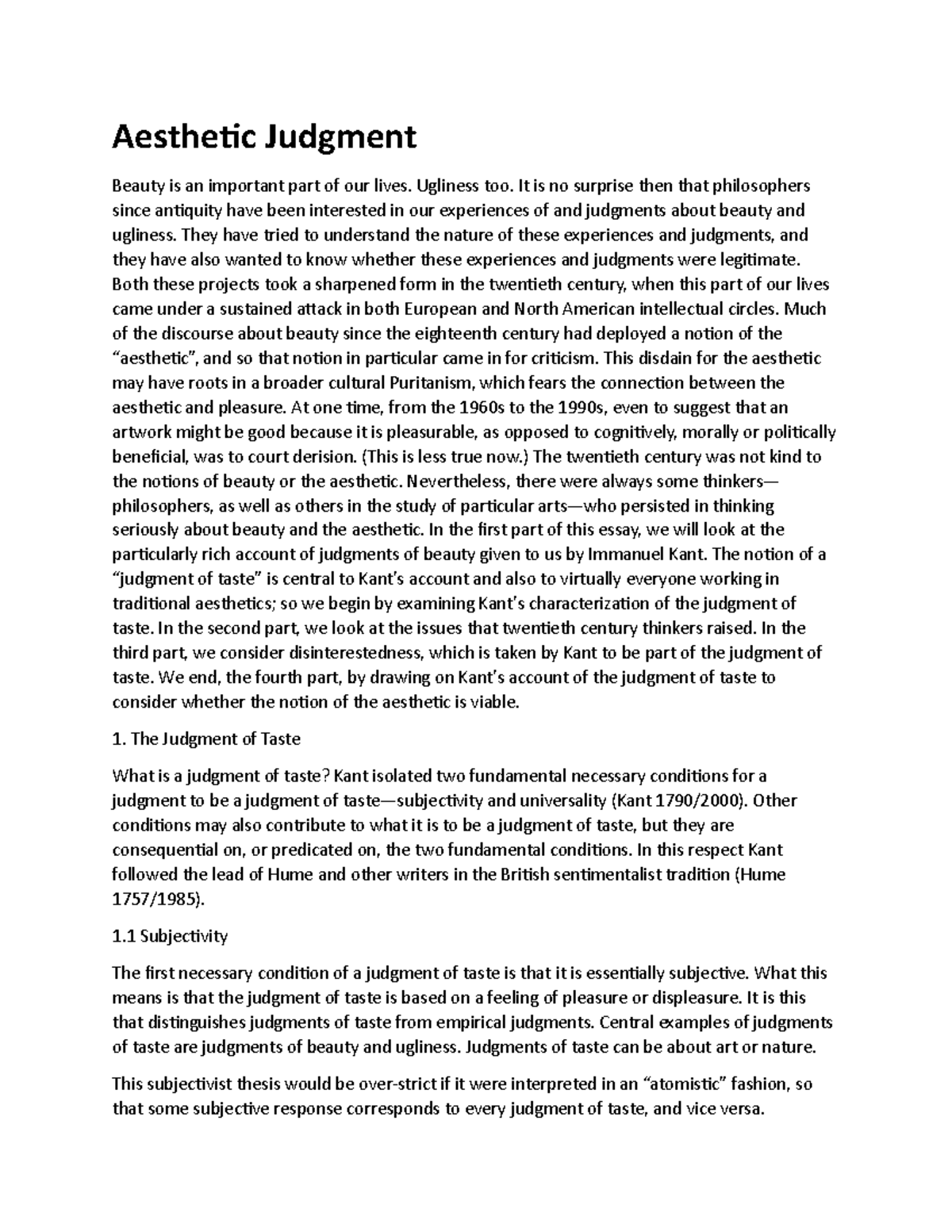 Lecture in Aesthetic Judgment - Aesthetic Judgment Beauty is an ...