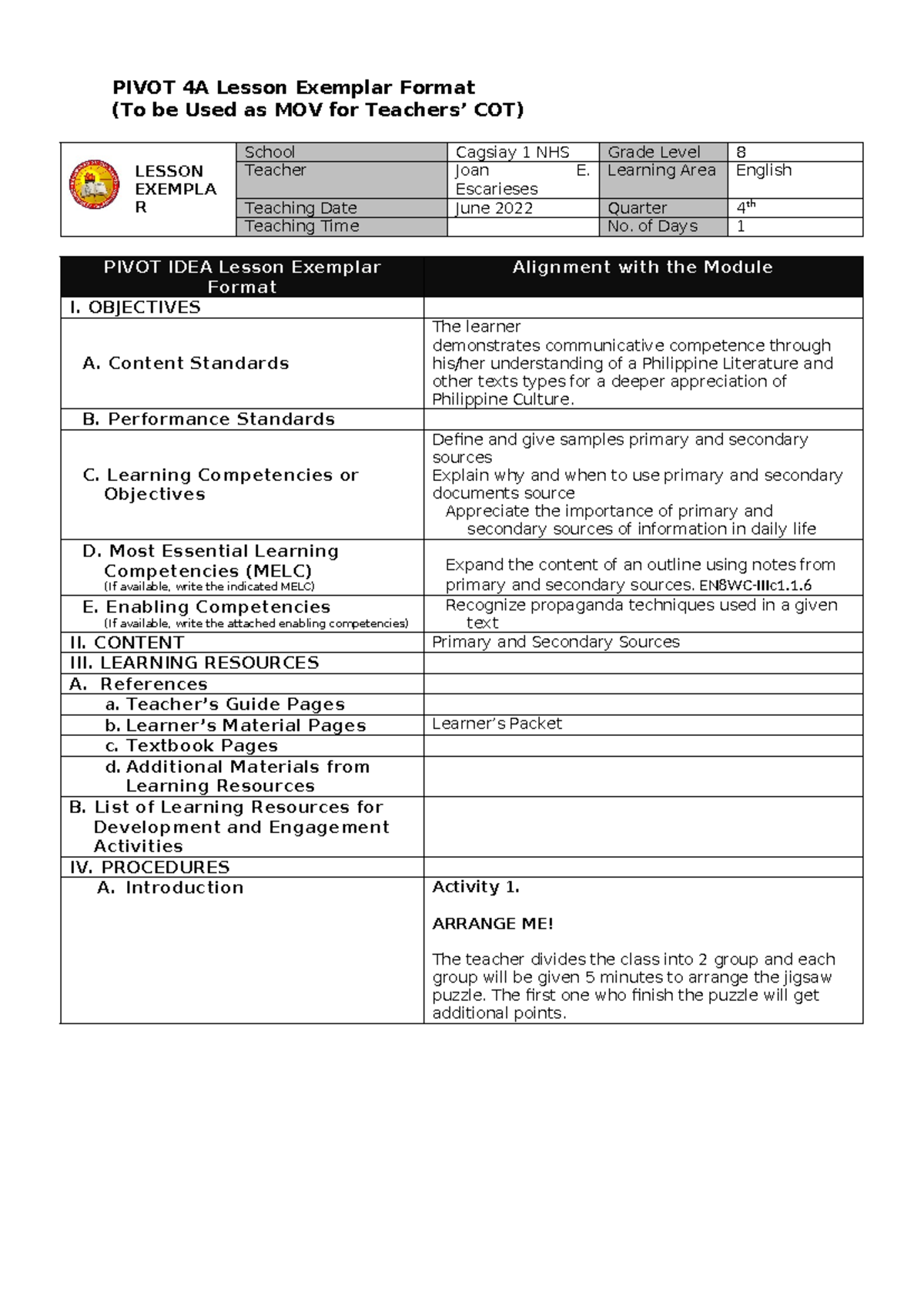 Cot 2 Lp 2021 2022 For Reference Pivot 4a Lesson Exemplar Format