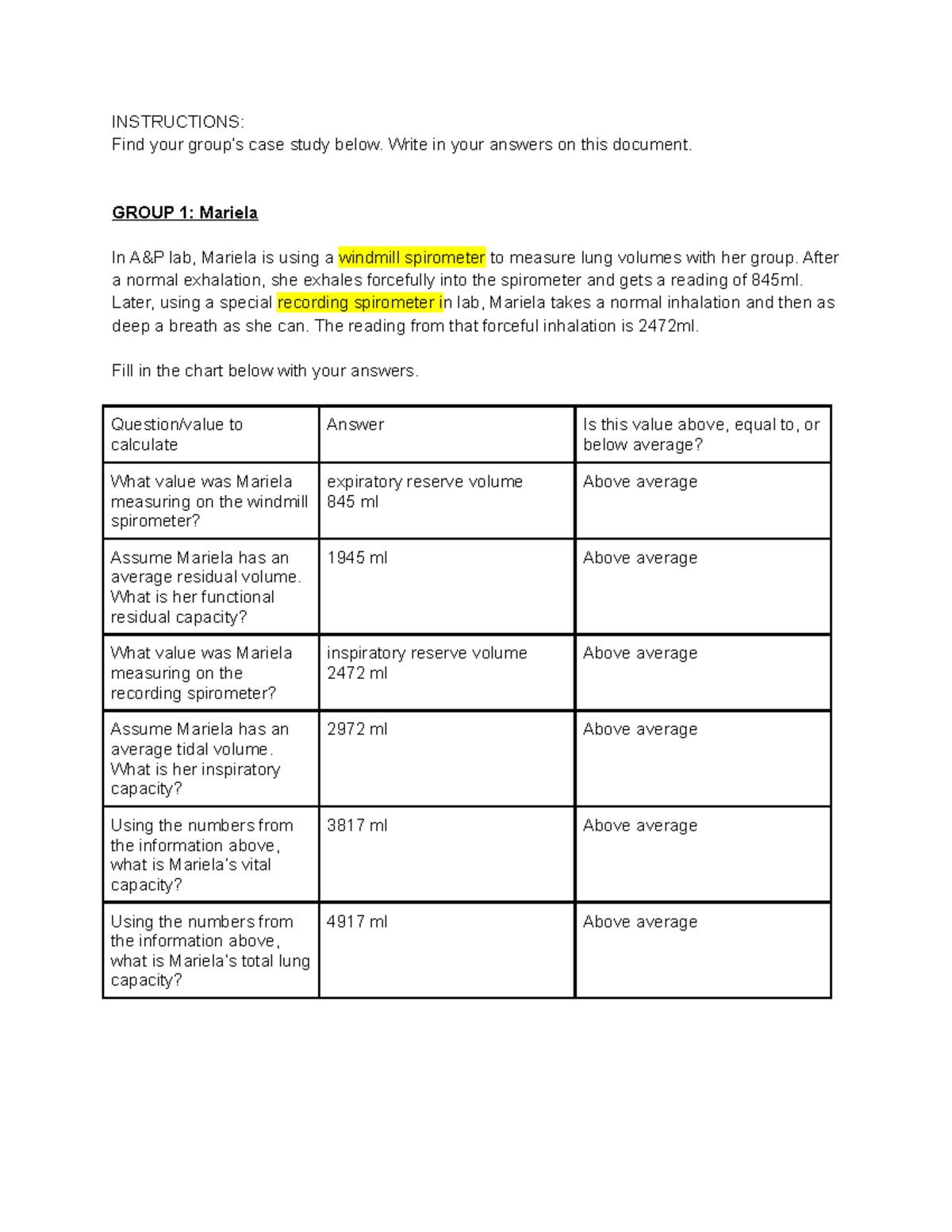 Section 0105 - Calculating Lung Volumes Worksheet - INSTRUCTIONS: Find ...
