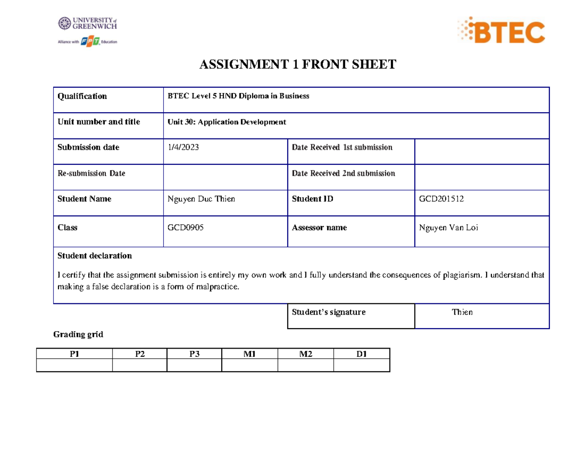 Thiện assignment - ASSIGNMENT 1 FRONT SHEET Qualification BTEC Level 5 HND Diploma in Business ...