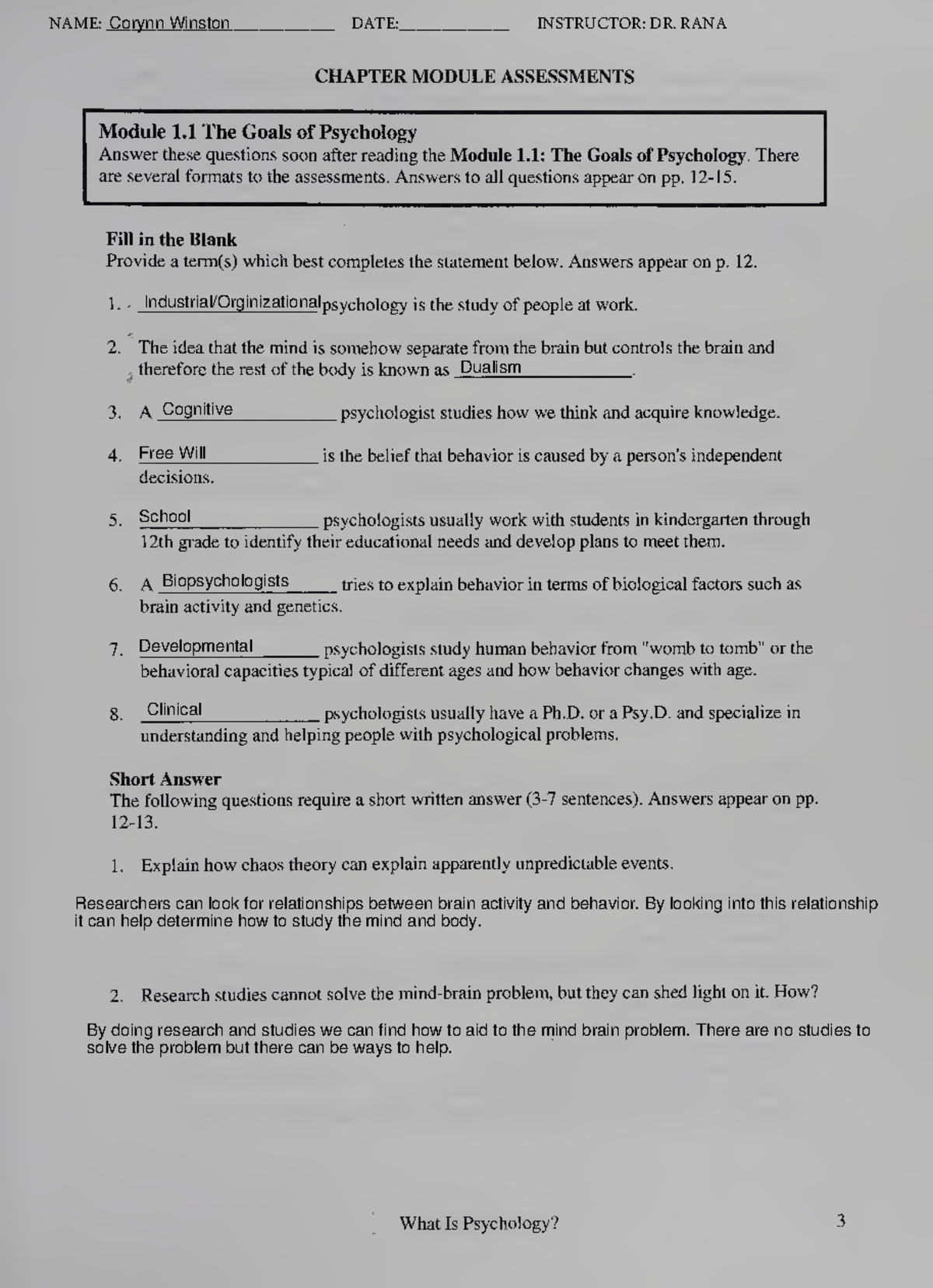 Psych - n/sa - CHAPTER MODULE ASSESSMENTS Module 1 The Goals of ...