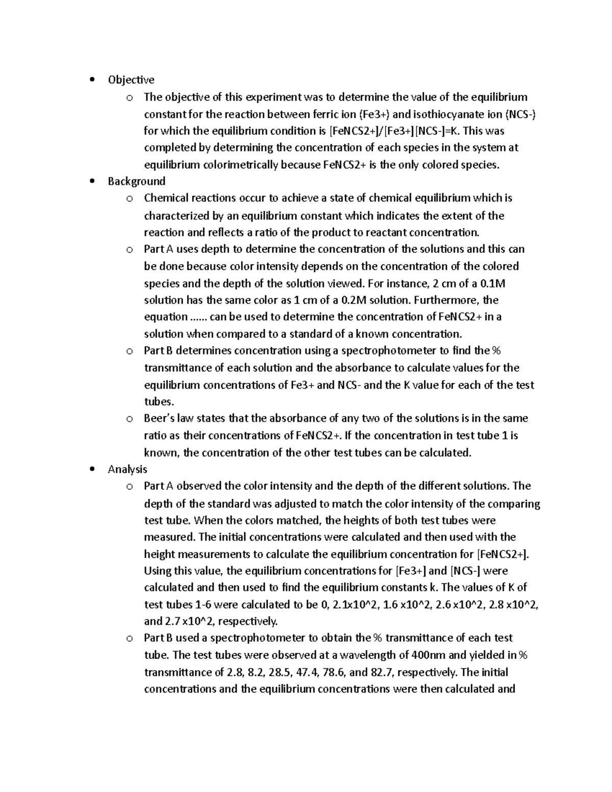 Experiment 4 Chemical Equillibrium - Objective o The objective of this ...